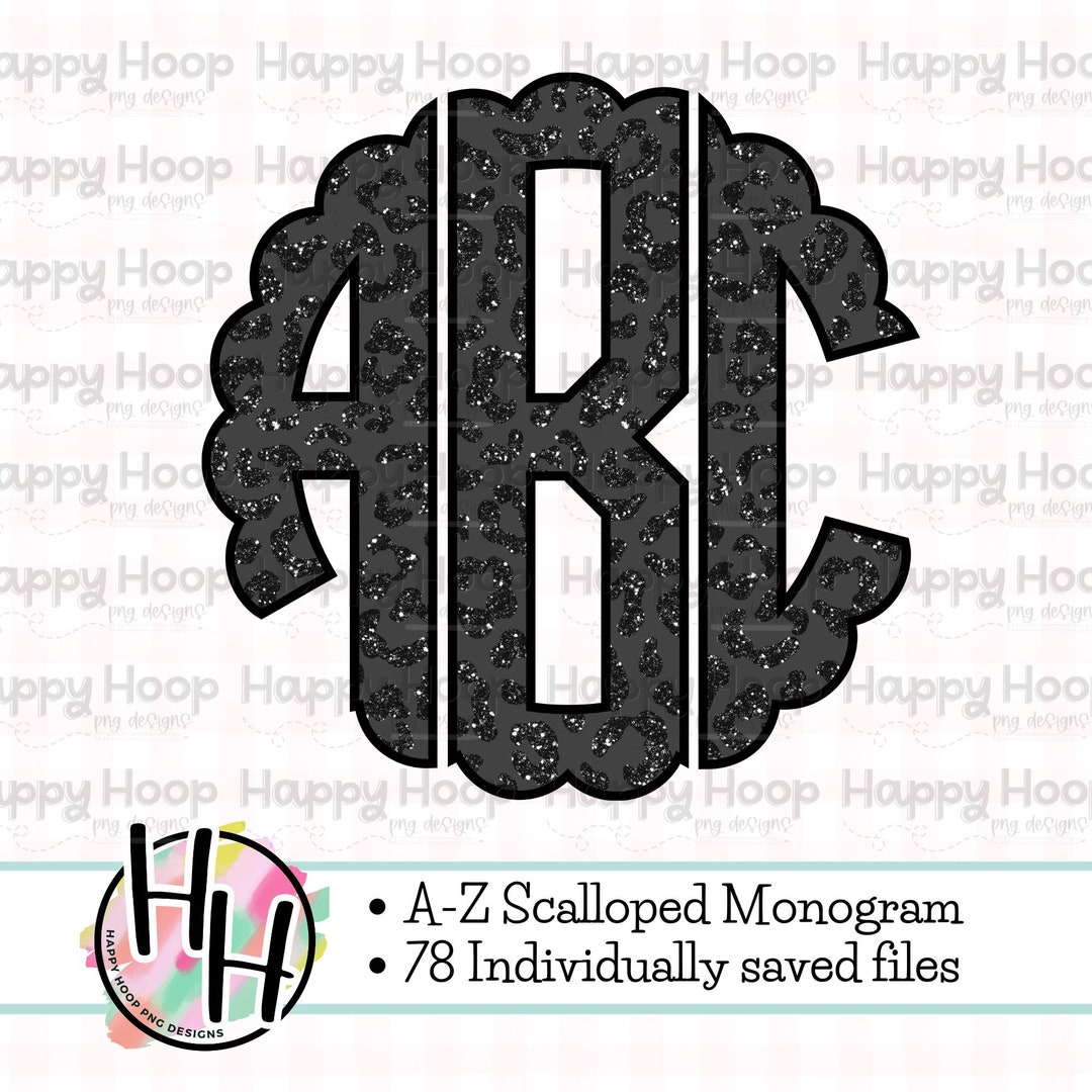 Black Glitter Leopard Scalloped Monogram, Full Alphabet Monogram, Matte ...