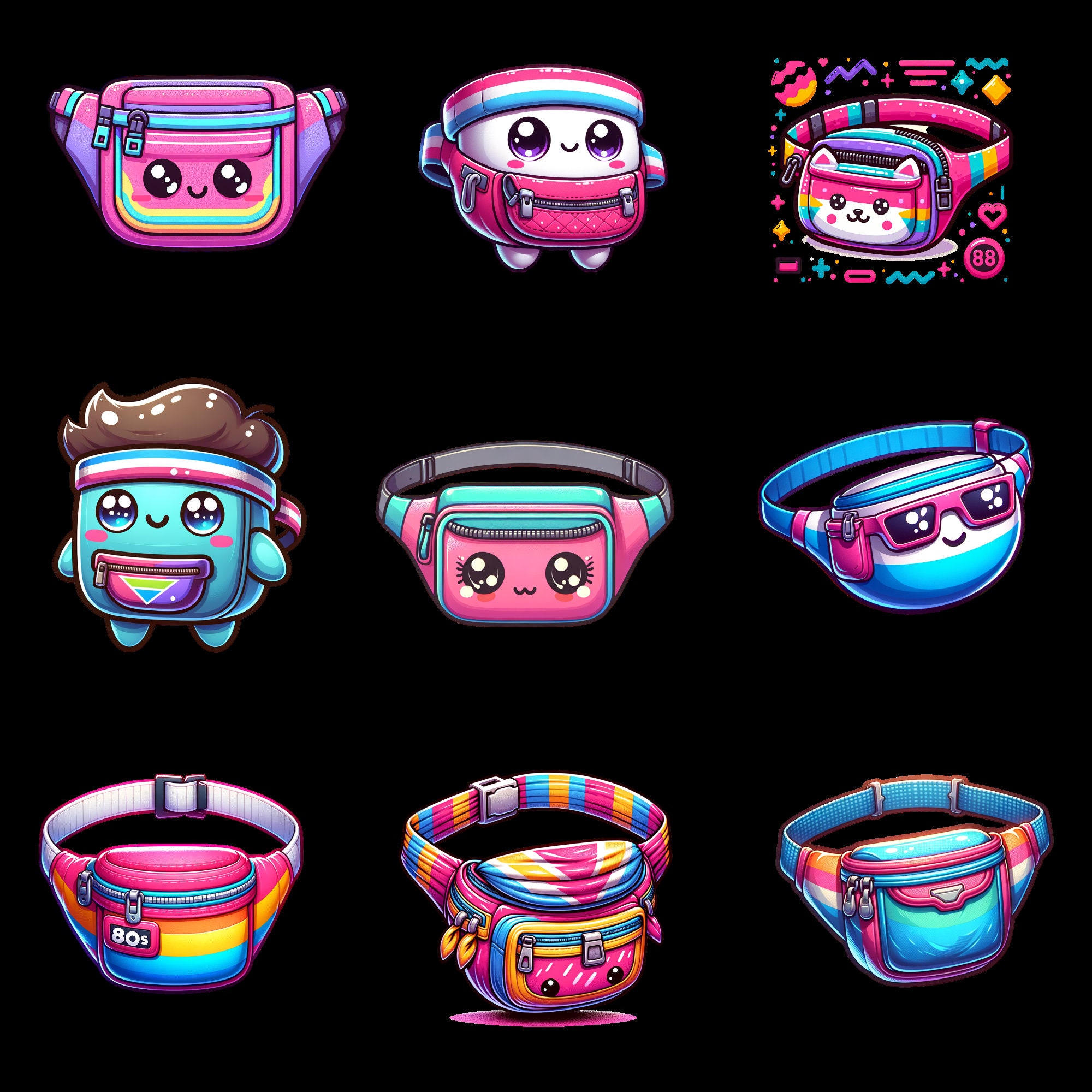 Fanny Pack Stickers for a Digital Planner, 80's Theme Kawaii Download ...