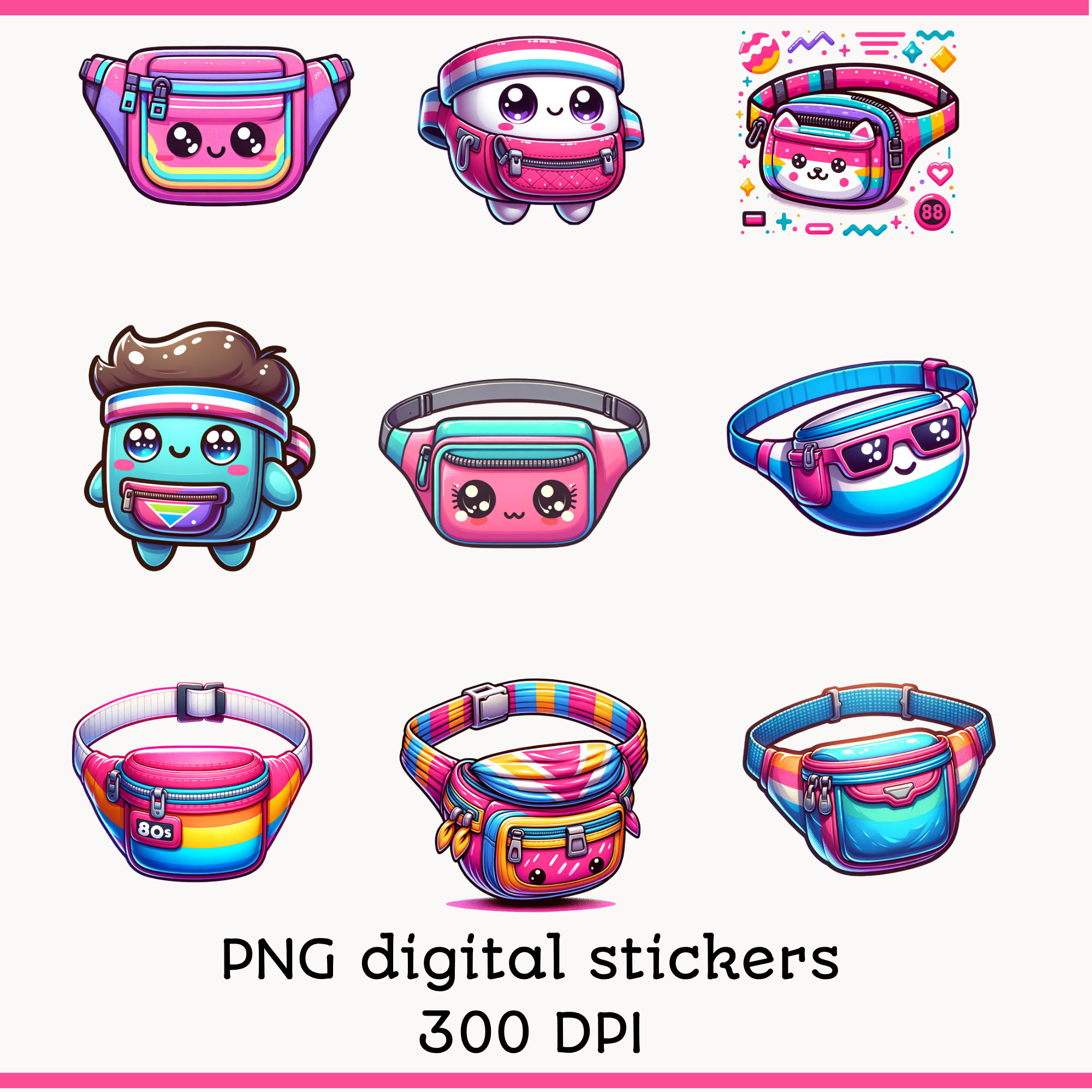 Fanny Pack Stickers for a Digital Planner, 80's Theme Kawaii Download ...