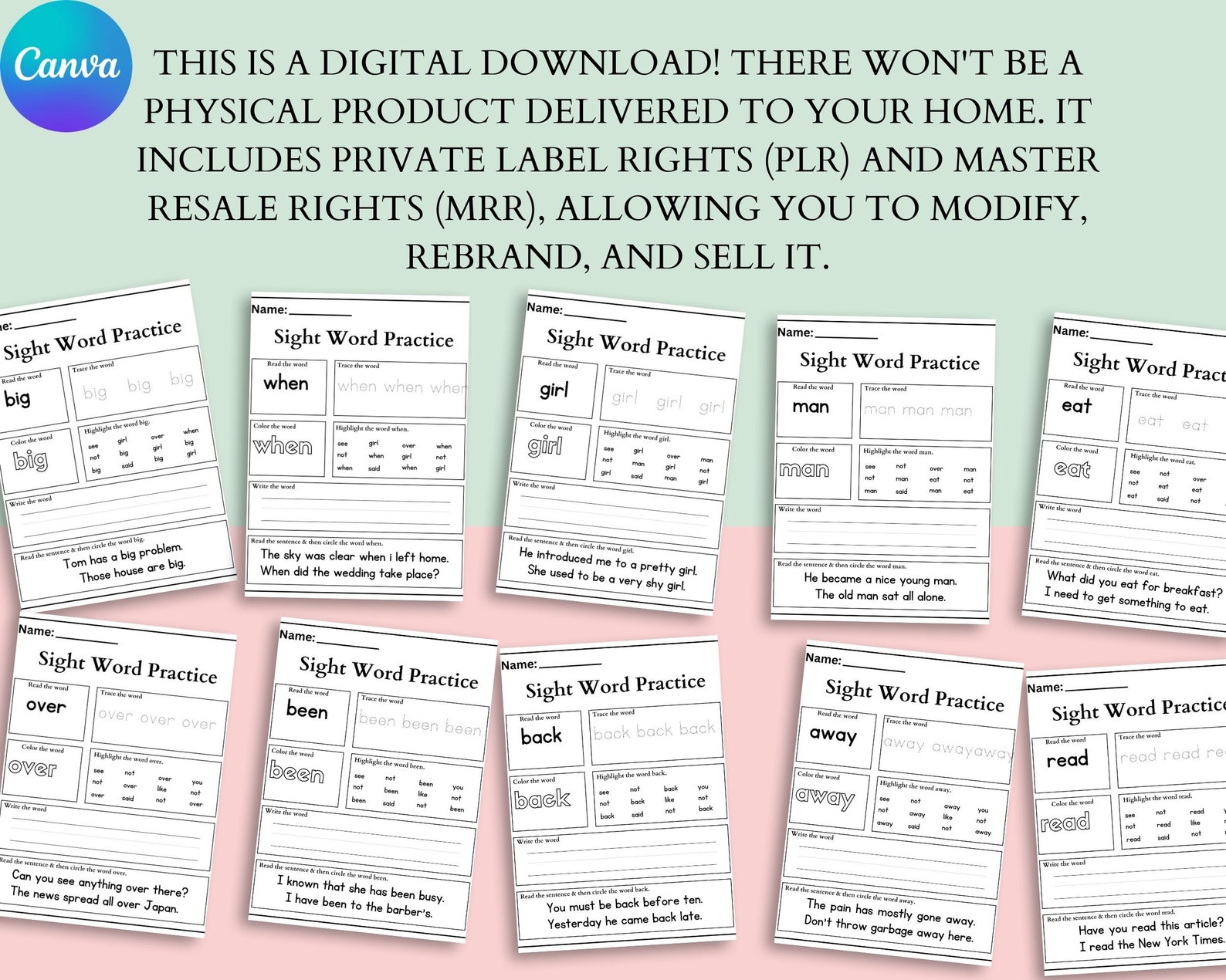 PLR Sight Words Educational Worksheets, With Master Resell Rights ...