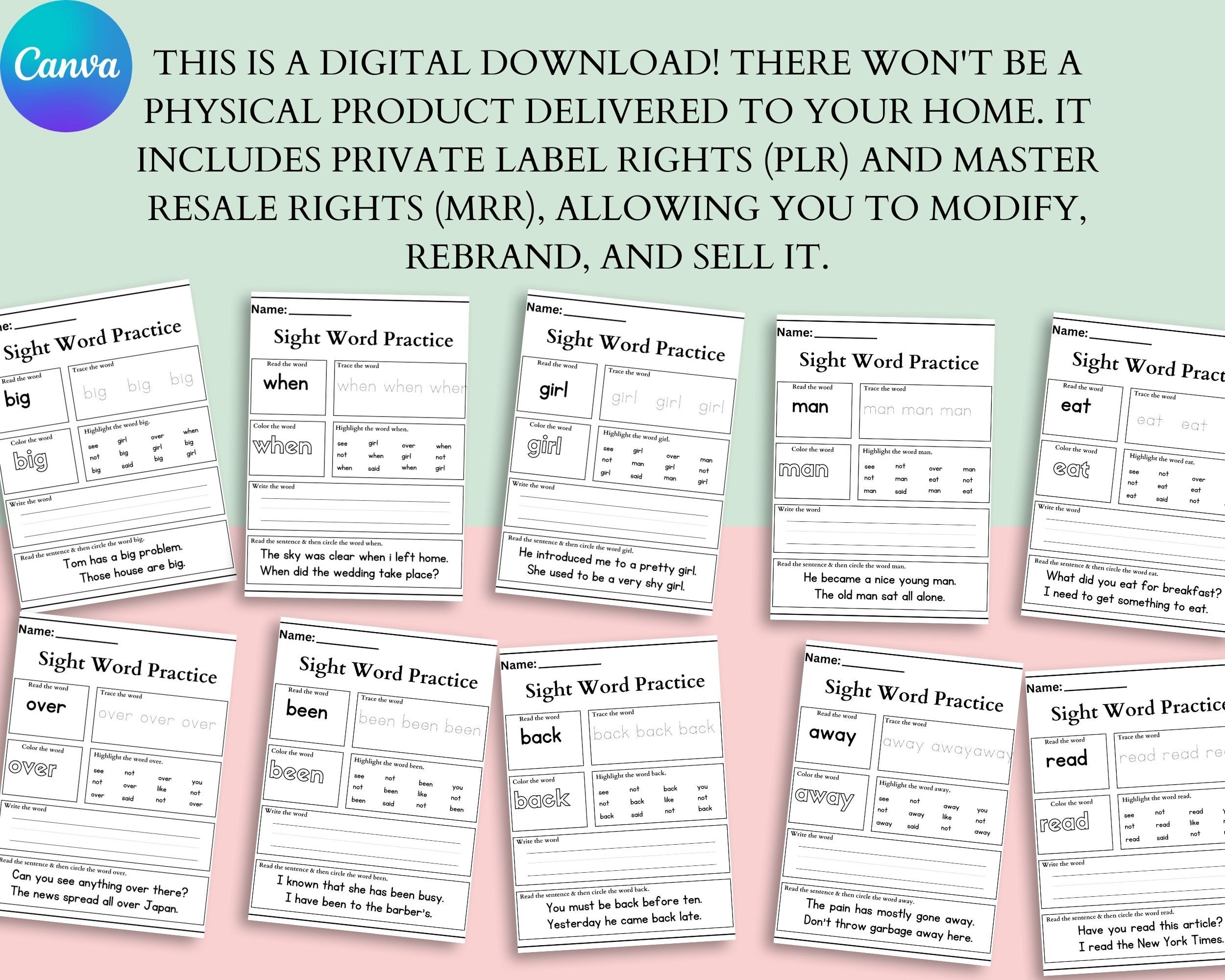 PLR Sight Words Educational Worksheets, With Master Resell Rights ...