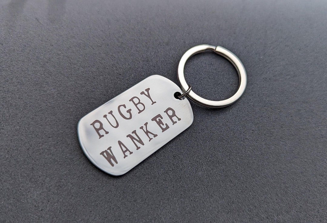 Rugby Wanker Personalised Stamped Effect Font Stainless Keyring ...