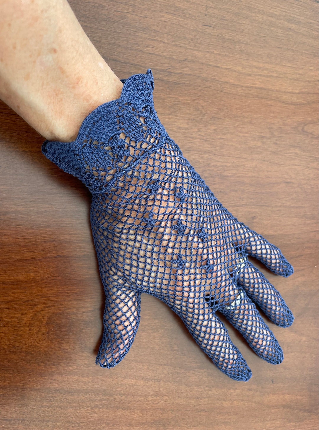 1960s Blue Crochet Navy Blue Wrist Gloves, Blue Fishnet Gloves ...