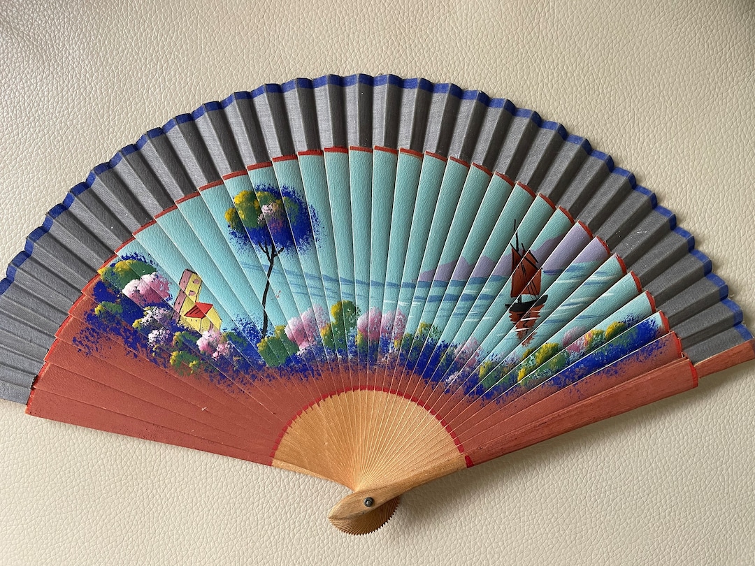 Vintage Folding Fan, Sailing Boat on Seashore, 16" Span, Hand Painted ...