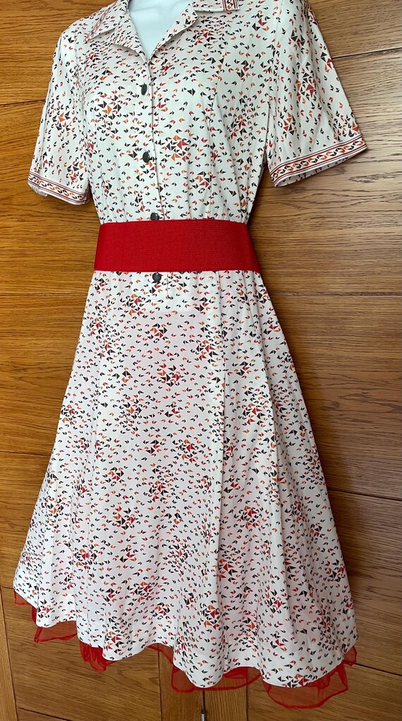 1970s True Vintage Trevira Tea Dress, Cream with Red,… - Gem
