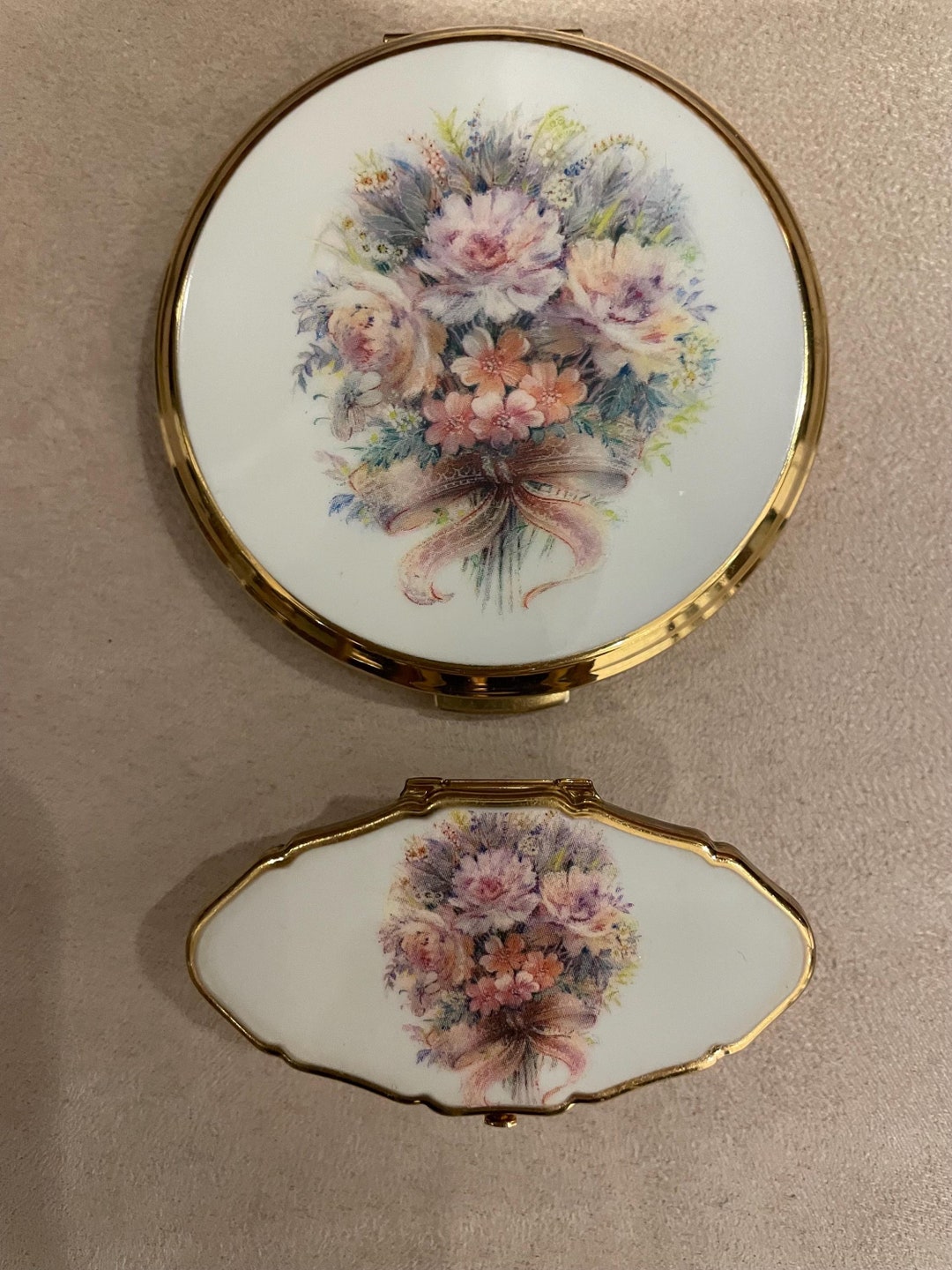1980s Floral Posy Stratton Compact and Matching Lip View, Handbag Accessories, Dressing Table ...