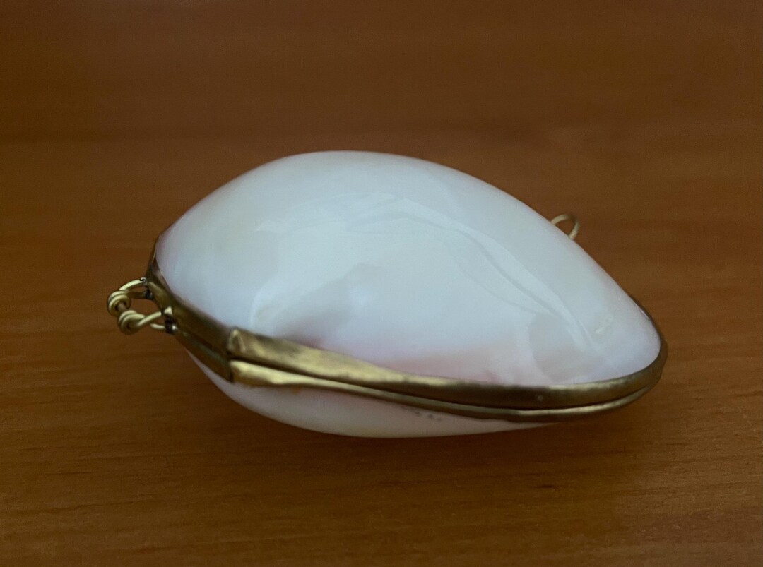 1980s White Clam Shell Purse, Pill Box With Brass Fittings, Trinket ...
