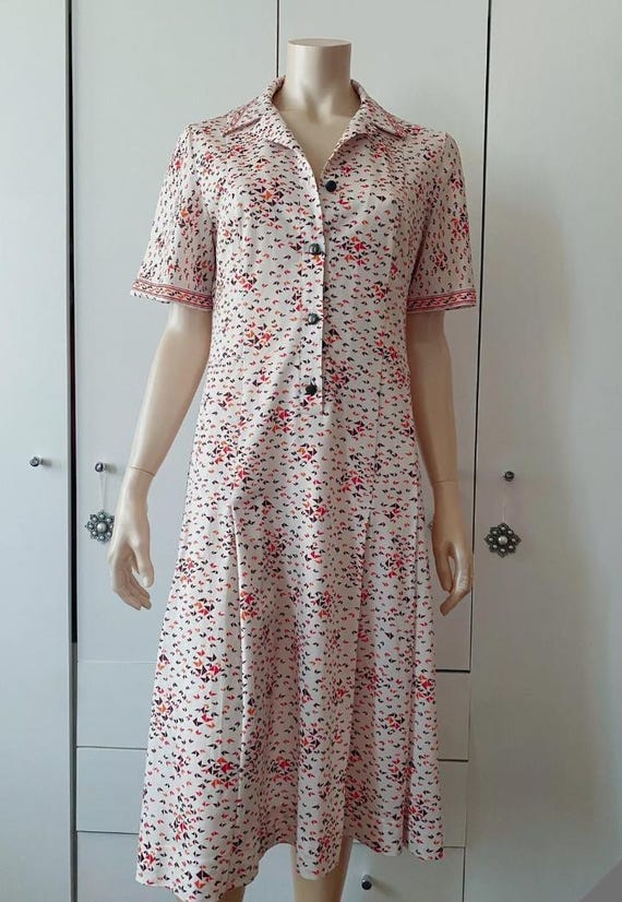 1970s True Vintage Trevira Tea Dress, Cream with Red,… - Gem