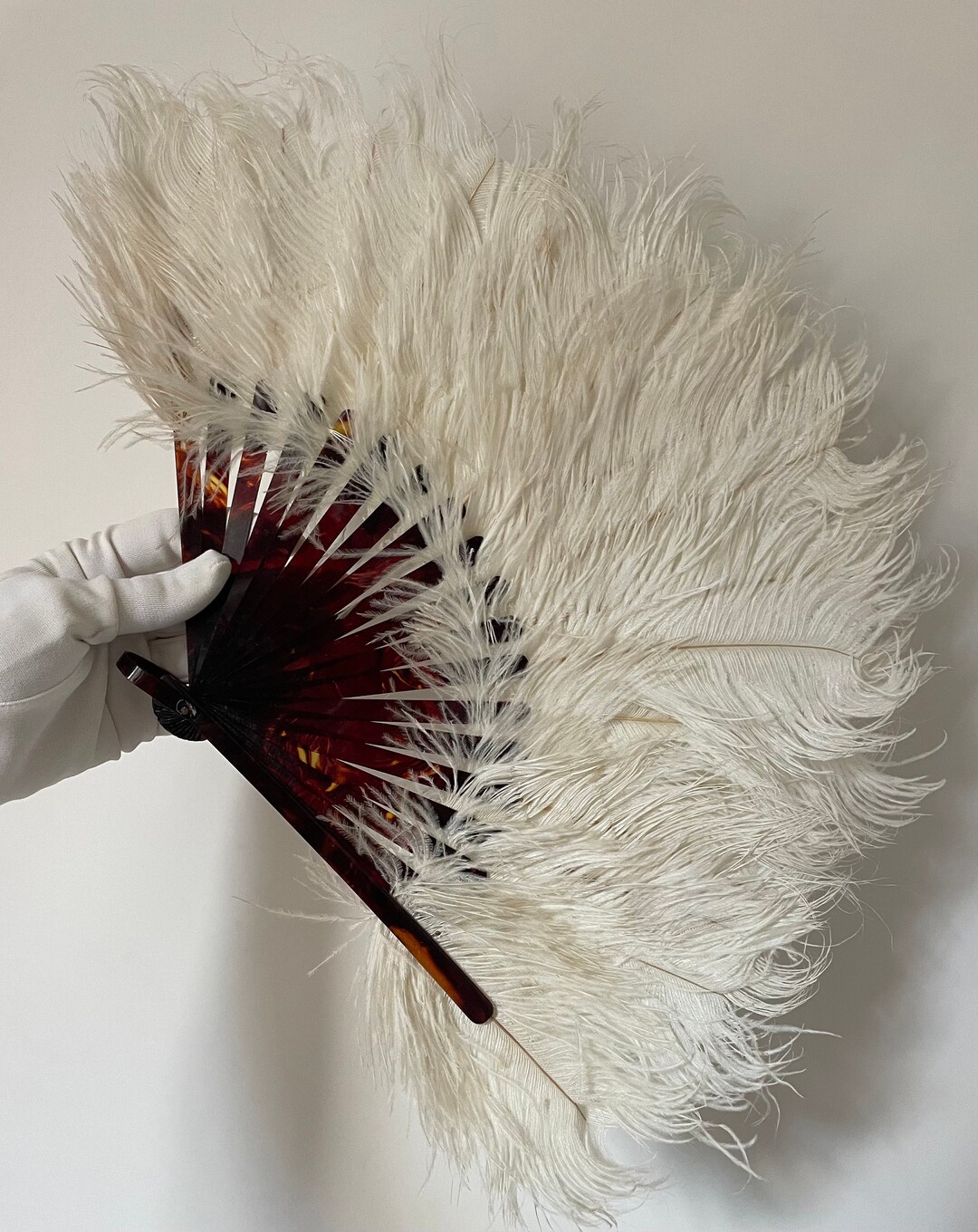Antique 1920s Ostrich Feather Hand Fan, Tortoise Shell Ribs, 15" Span ...