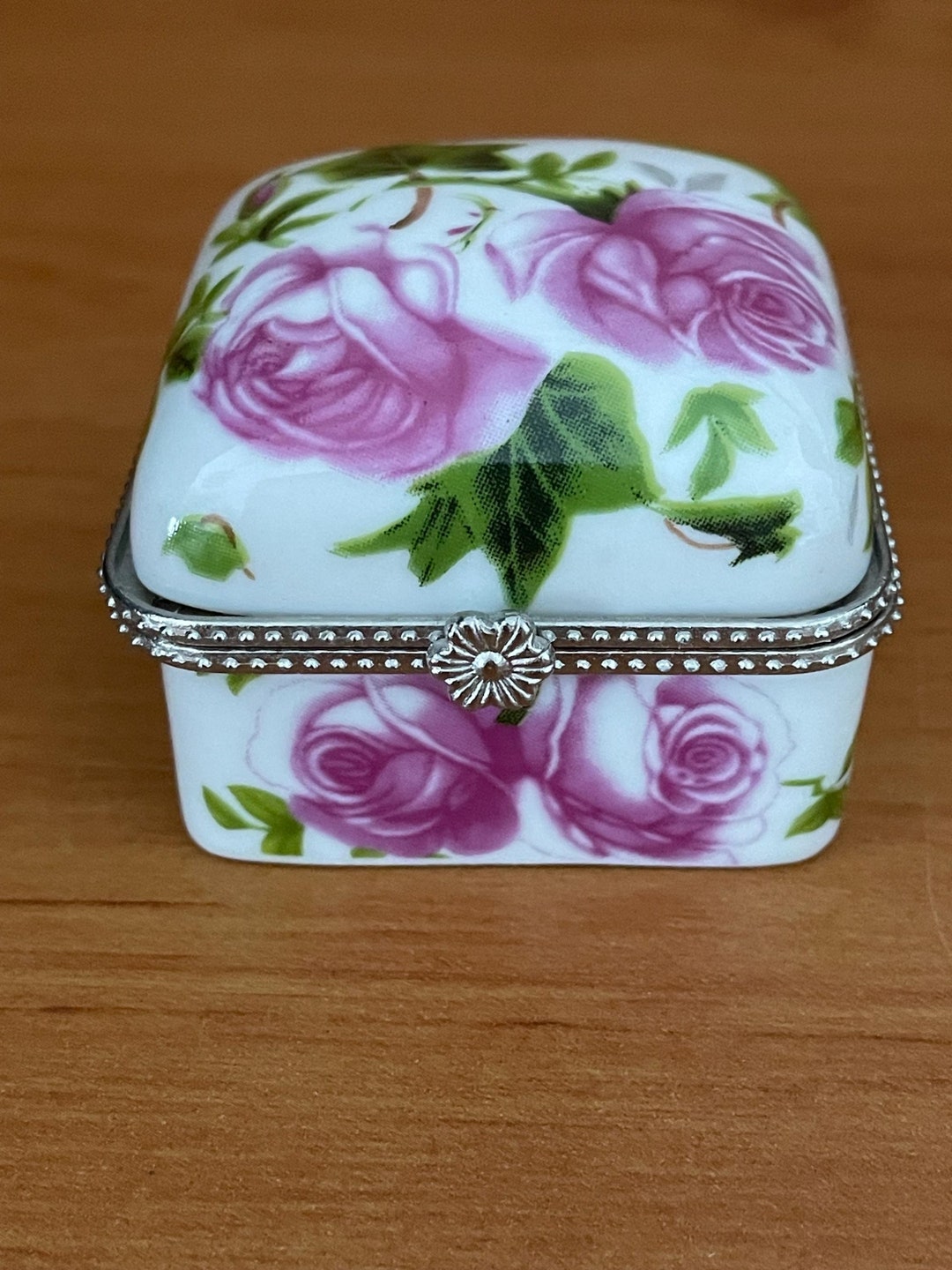 Vintage Mini Trinket Box, Pink English Roses and Ivy, Silvertone Frame ...