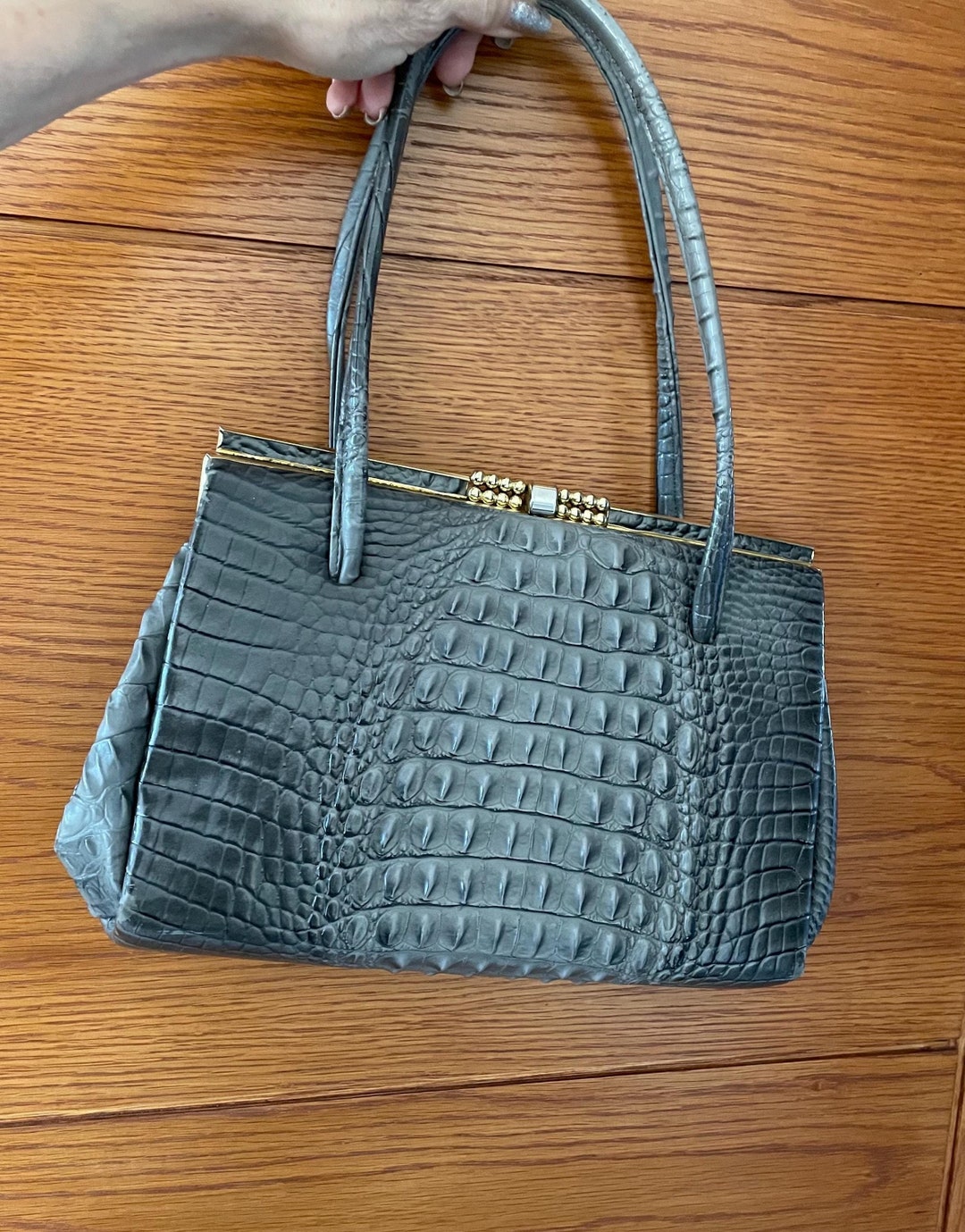 1950s Dittner Grey Crocodile Effect Hand Held Bag, Medium Size, Original Mirror in Lift up Flap ...