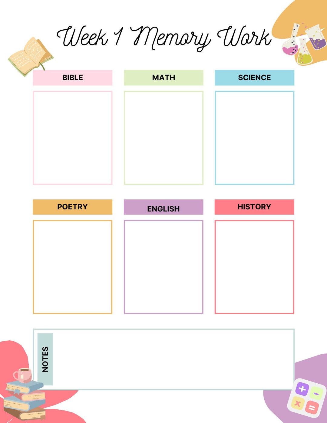 Printable Memory Work Organizers, for Classical Home-education. Blank ...