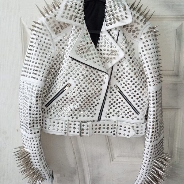 White Leather Spiked Jacket - Etsy
