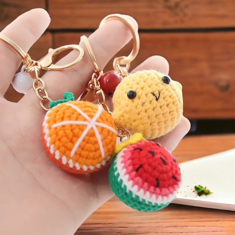 Fruit Crochet Keychain Cute Knitting Lemon Donut Doll Car Key Holder ...