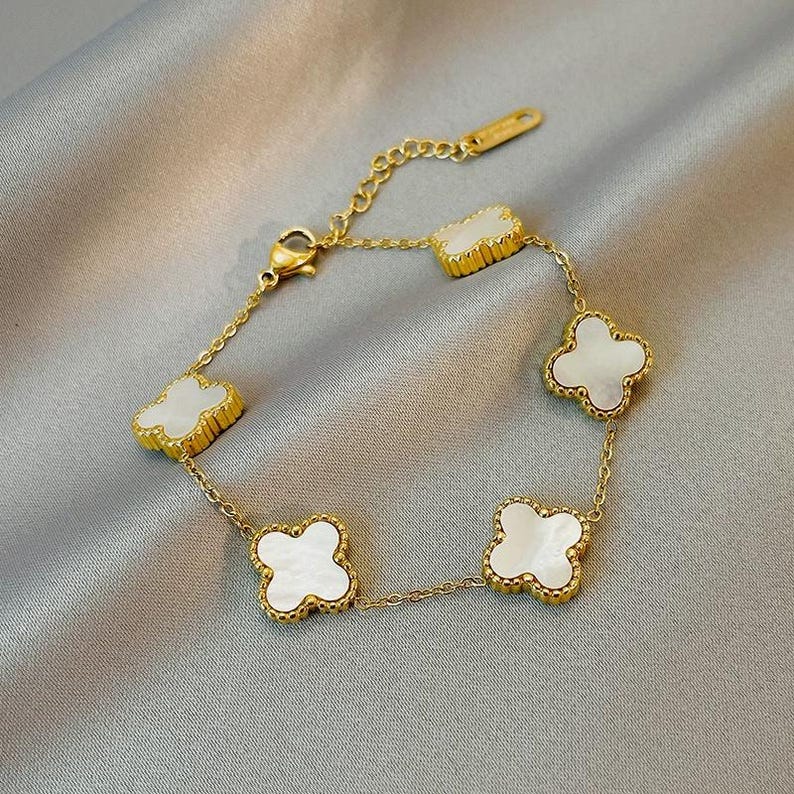 Gold Clover Stack Charm Bracelet With 5 Delicate Charms Adjustable ...