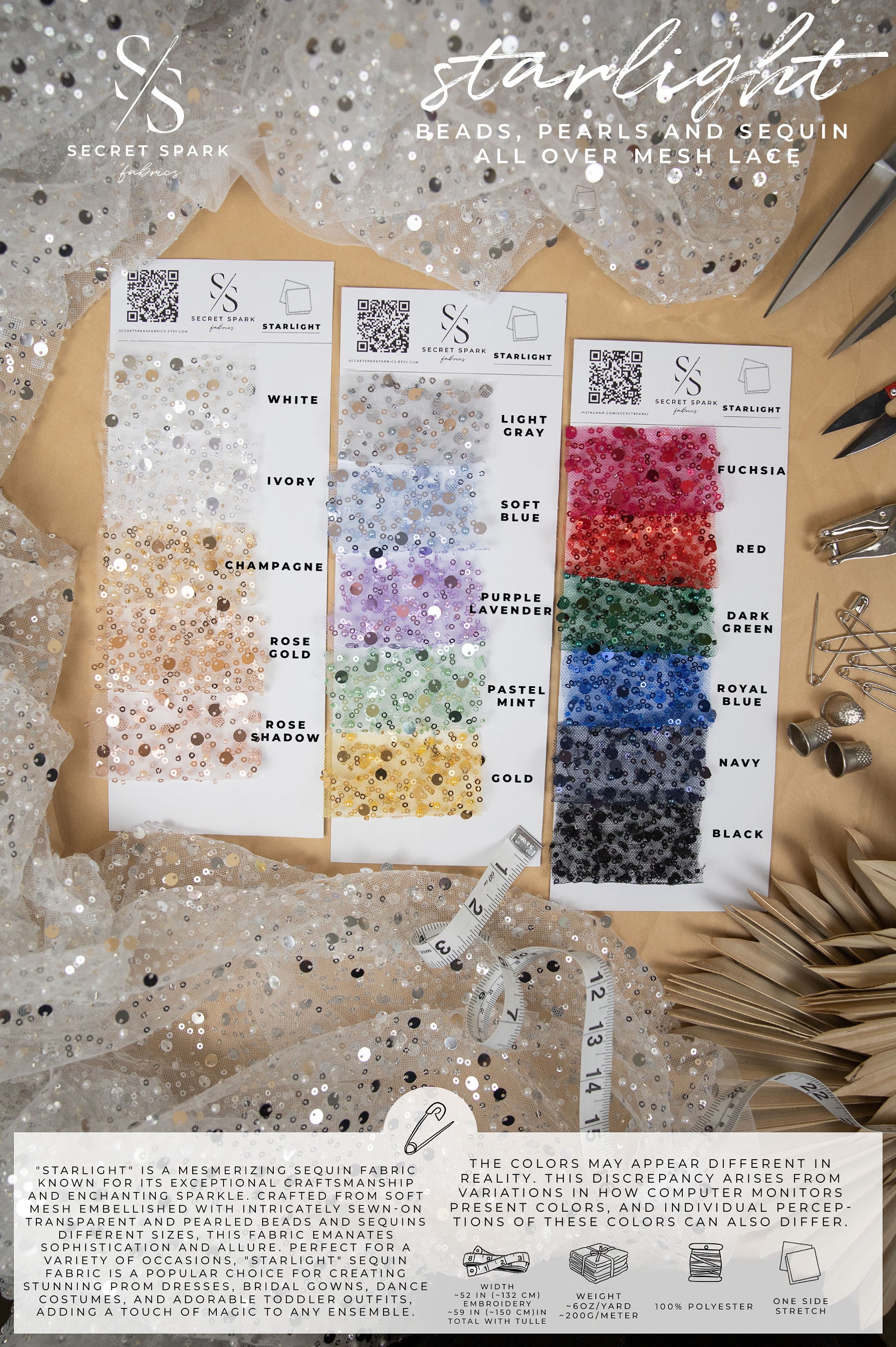 Starlight - Heavy Beads Pearls & Sequin Embroidery Tulle Fabric by the ...