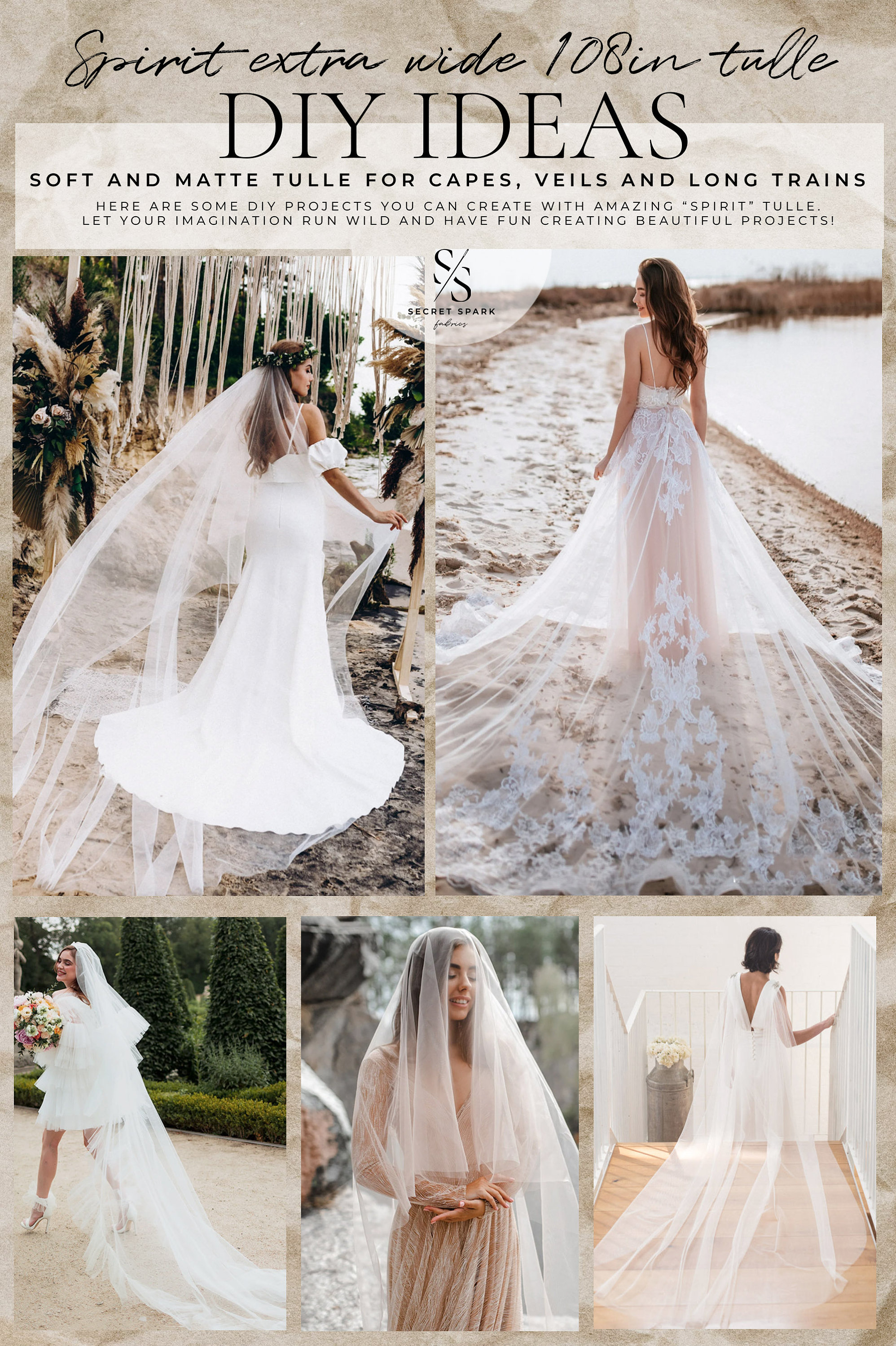 Spirit - 108" Ivory Matte & Soft Wedding Tulle Fabric by the Yard, 3m ...