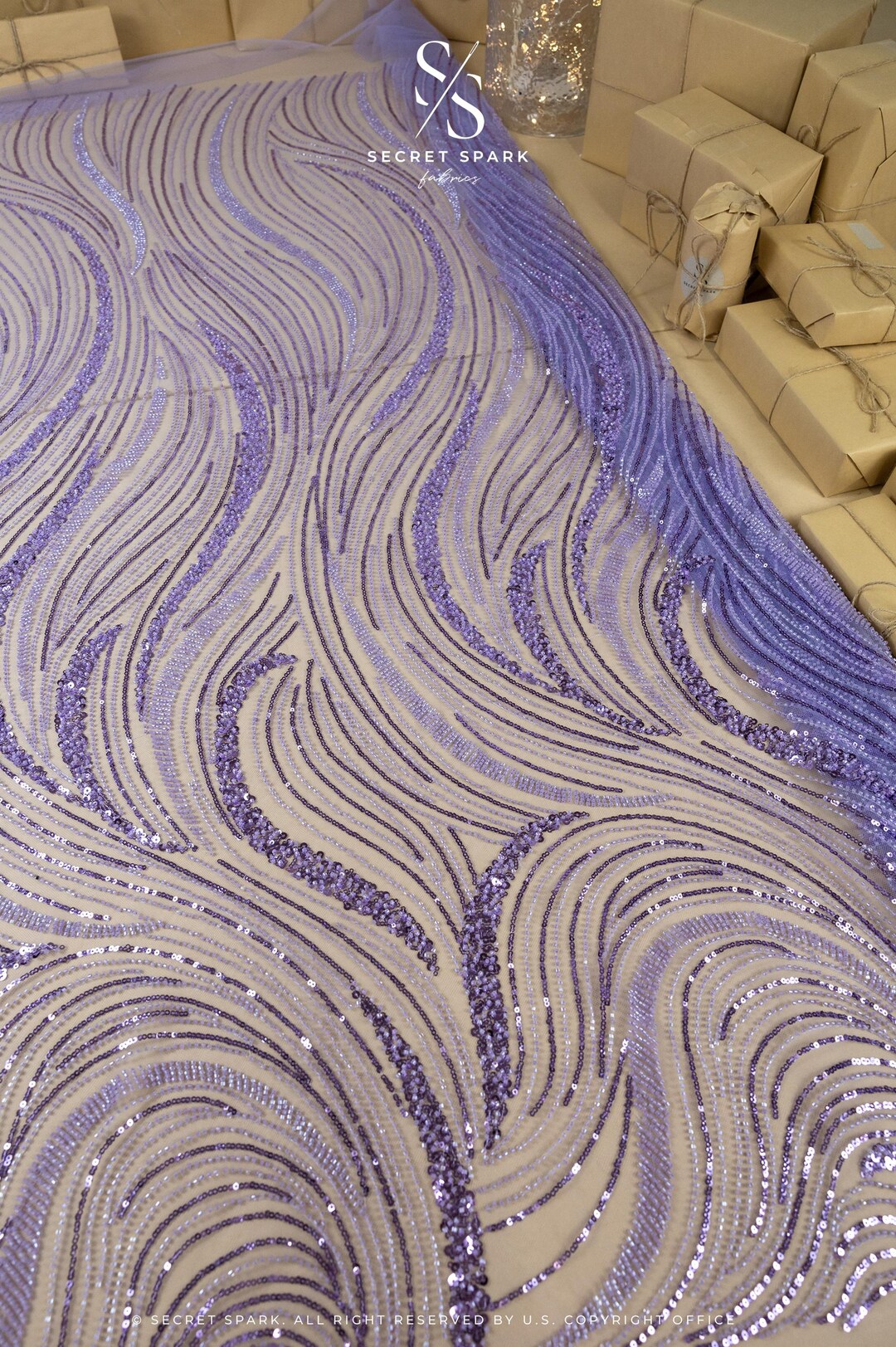 Purple Lavender Contour Lace, Shimmering Sequin Line Waves on Soft Mesh ...