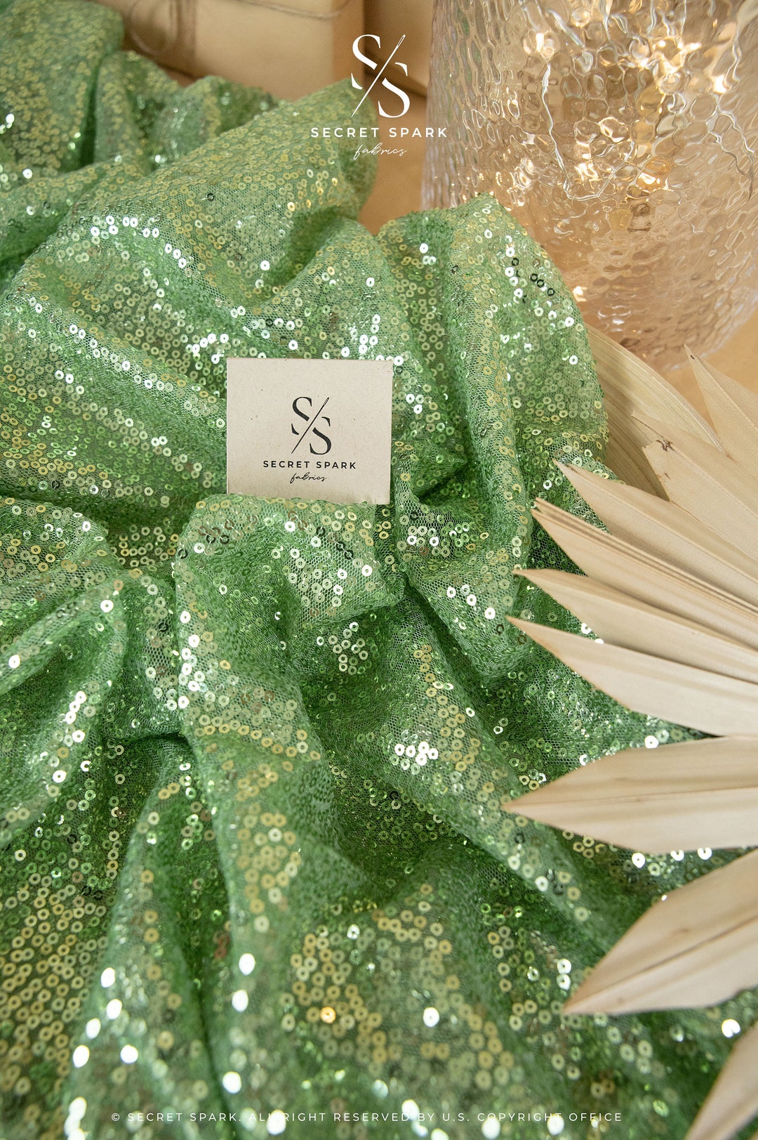 Sage Green Sequin Material Brilliant Style Fabric by the Yard, Round ...