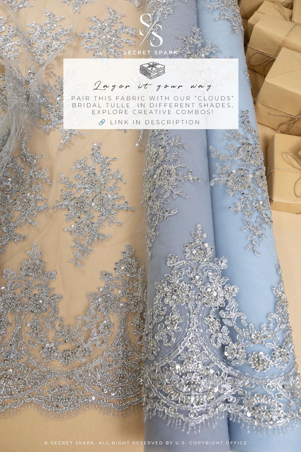 Light Gray Floral Lace With Silver Cord & Scalloped Edges, Beaded Mesh ...