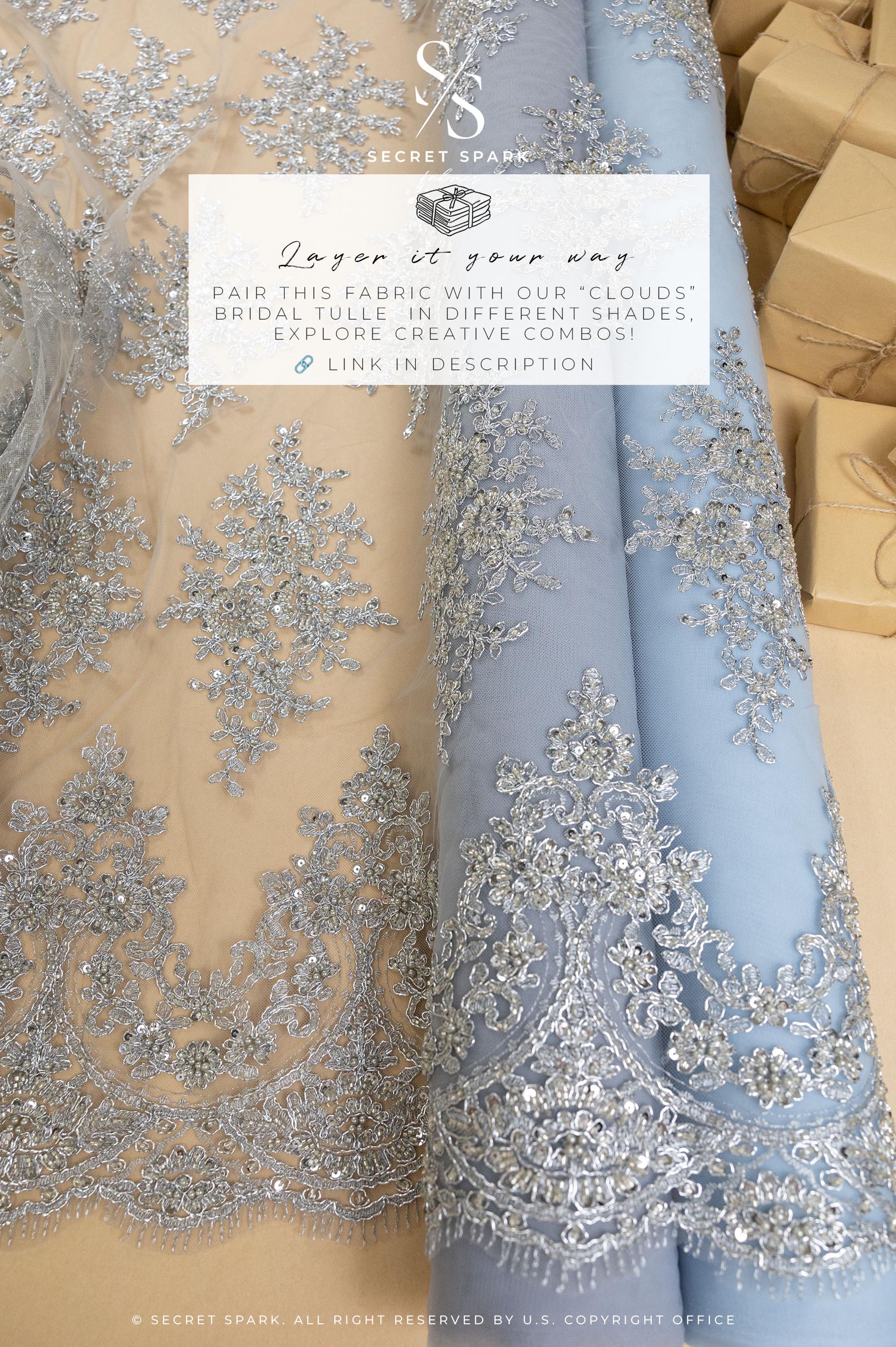 Light Gray Floral Lace With Silver Cord & Scalloped Edges, Beaded Mesh ...