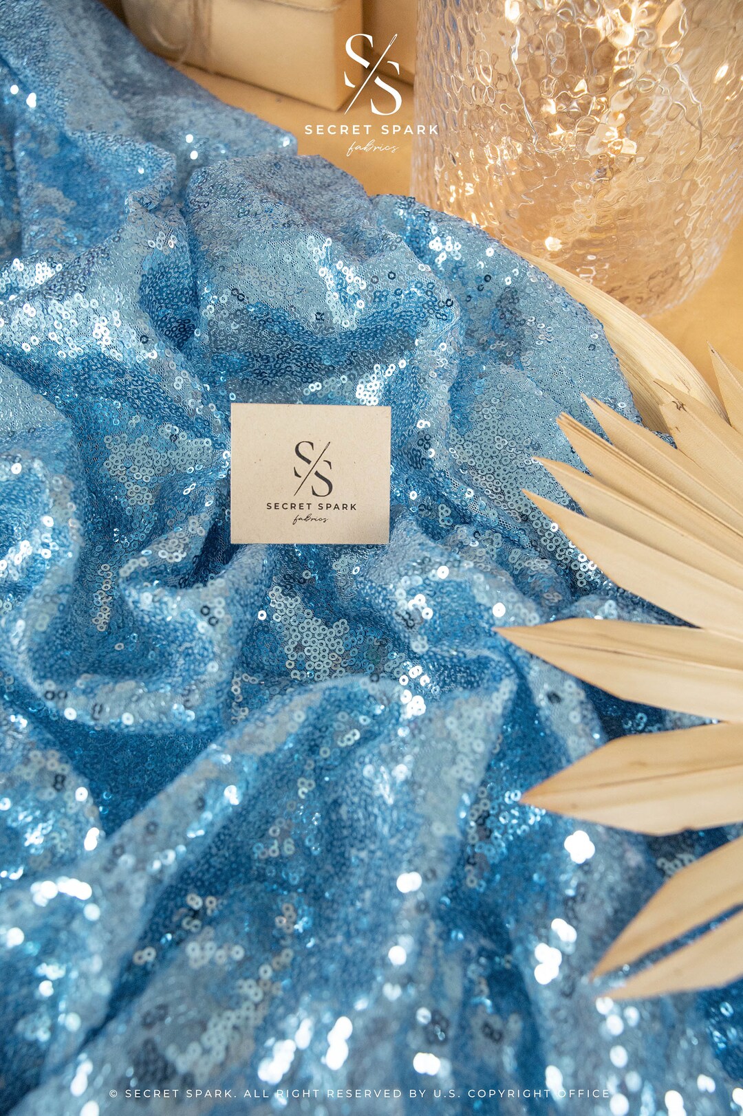 Soft Blue Sequins on Mesh Base Fabric by the Yard, Round Shape Shinny ...