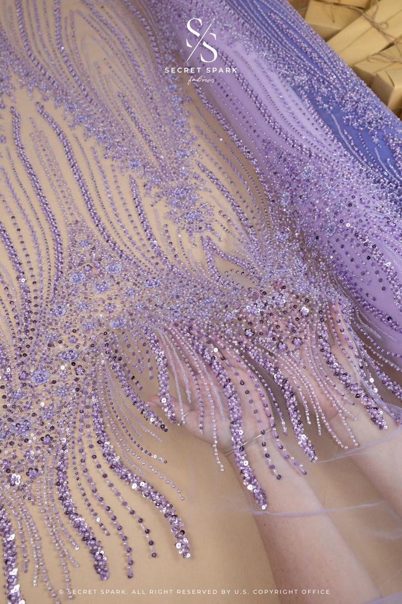 Purple Lavender Sequin Lace Fabric, Beaded Tulle for Gowns, Costumes ...