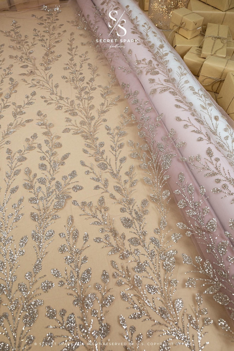 Blush Glitter Tulle by the Yard With Leaf Motif, Dusty Rose Botanical ...