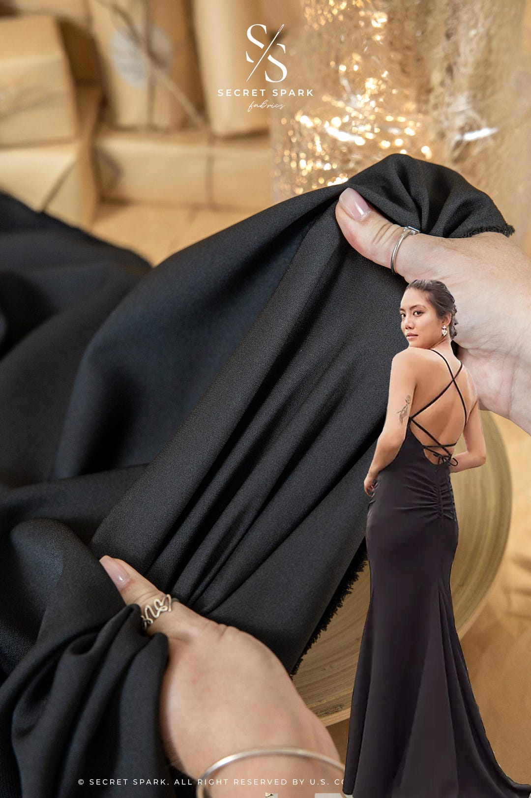 Black Heavy Crepe Stretch Fabric for Bridal Gown With Elastane, Soft ...