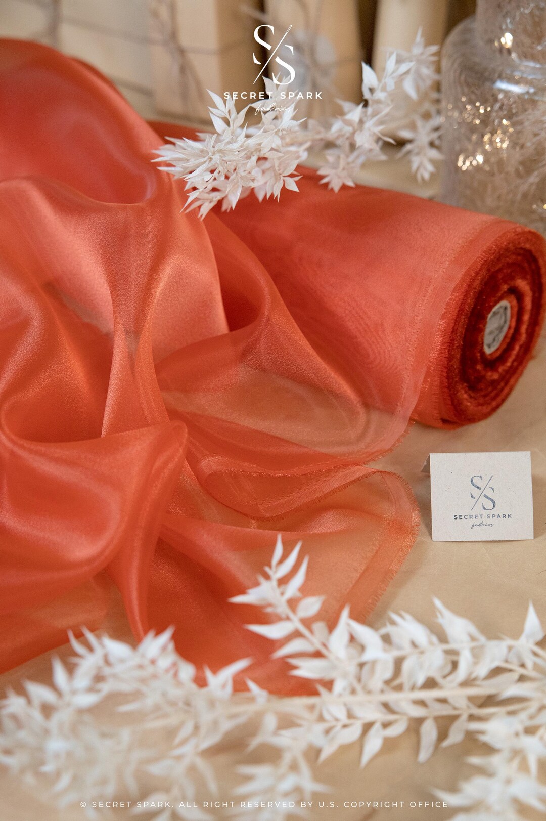 Burnt Orange Sparkle Crystal Sheer Organza Fabric, Shiny Crystal ...