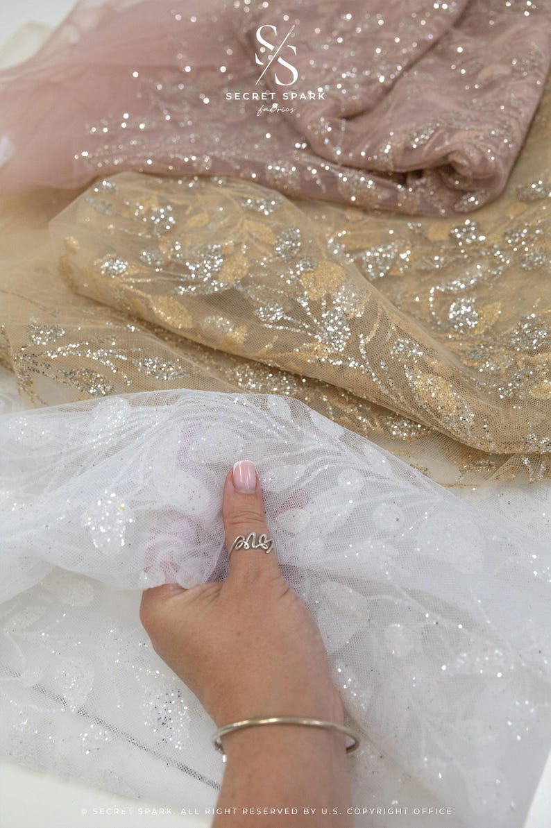 Blush Glitter Tulle by the Yard With Leaf Motif, Dusty Rose Botanical ...