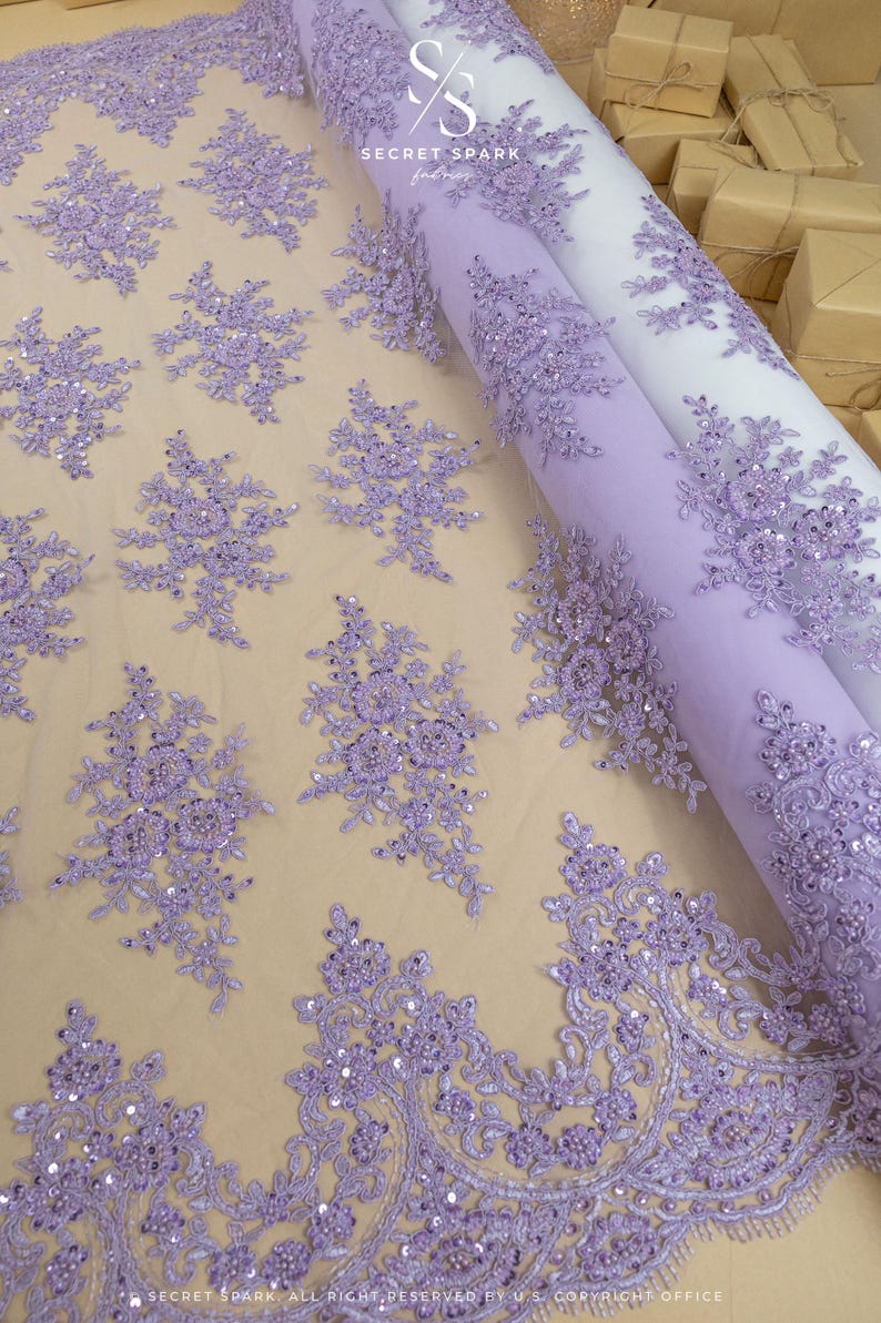 Purple Lavender Floral Lace With Scalloped Edges, Beaded Corded Flowers ...