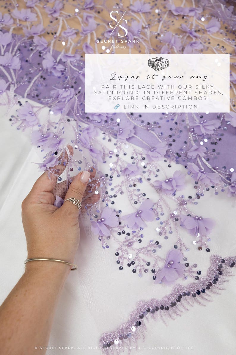 Purple Lavender 3D Lace With Pearls & Chiffon Flowers – Tulle for ...