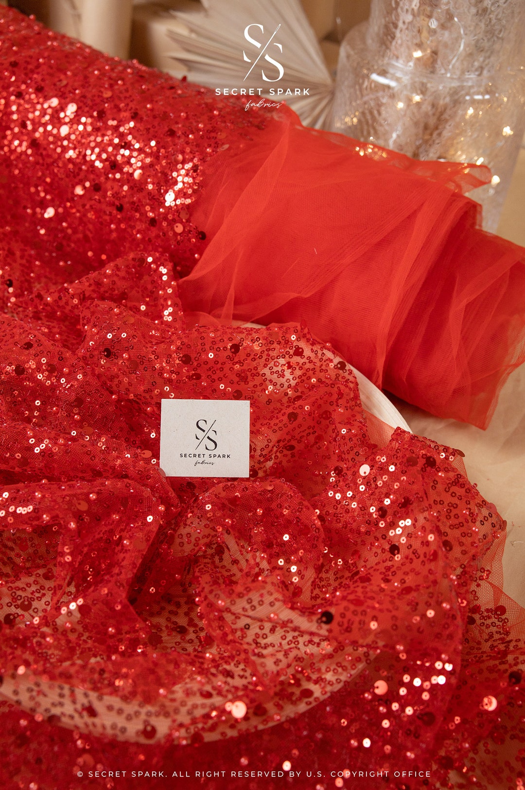 Starlight Red Beaded Lace Fabric, Pearls Sequin Lace Fabric, Sequin on ...