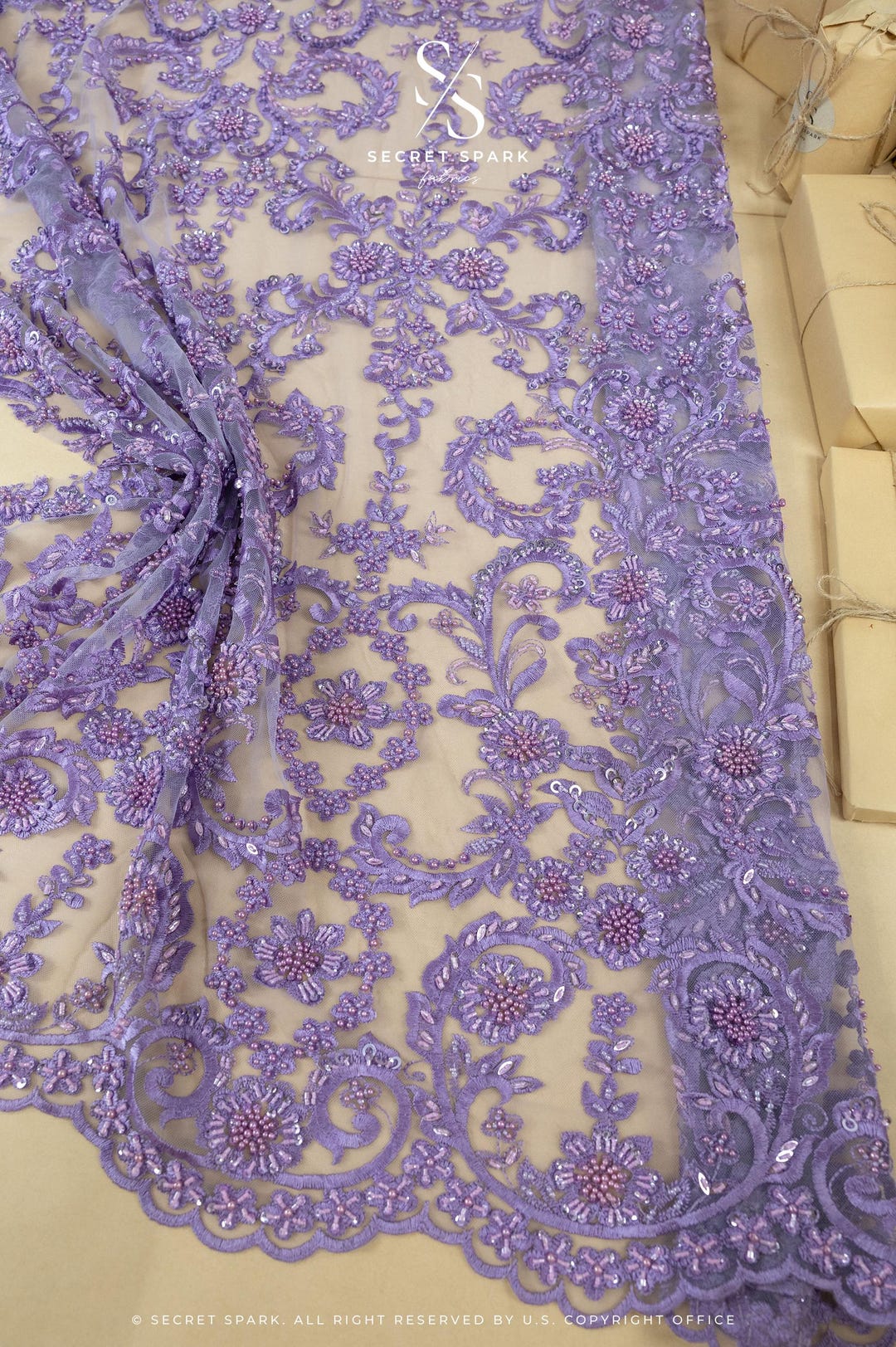 Purple Lavender Floral Lace Fabric, Embellished Botanical Tulle ...