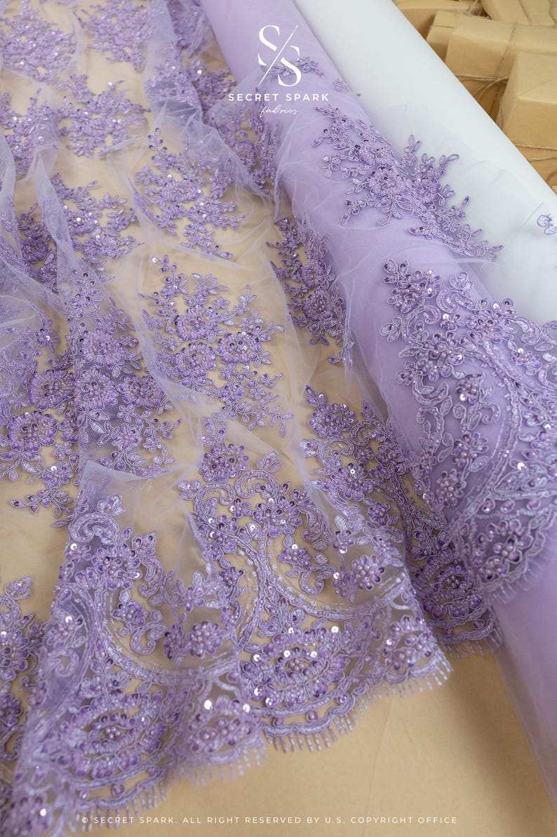 Purple Lavender Floral Lace With Scalloped Edges, Beaded Corded Flowers ...