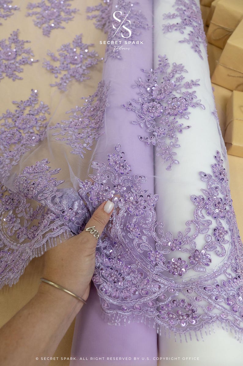 Purple Lavender Floral Lace With Scalloped Edges, Beaded Corded Flowers ...