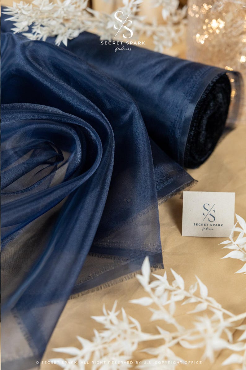 Navy Blue Crystal Sheer Organza Fabric by the Yard, See Through Shiny ...