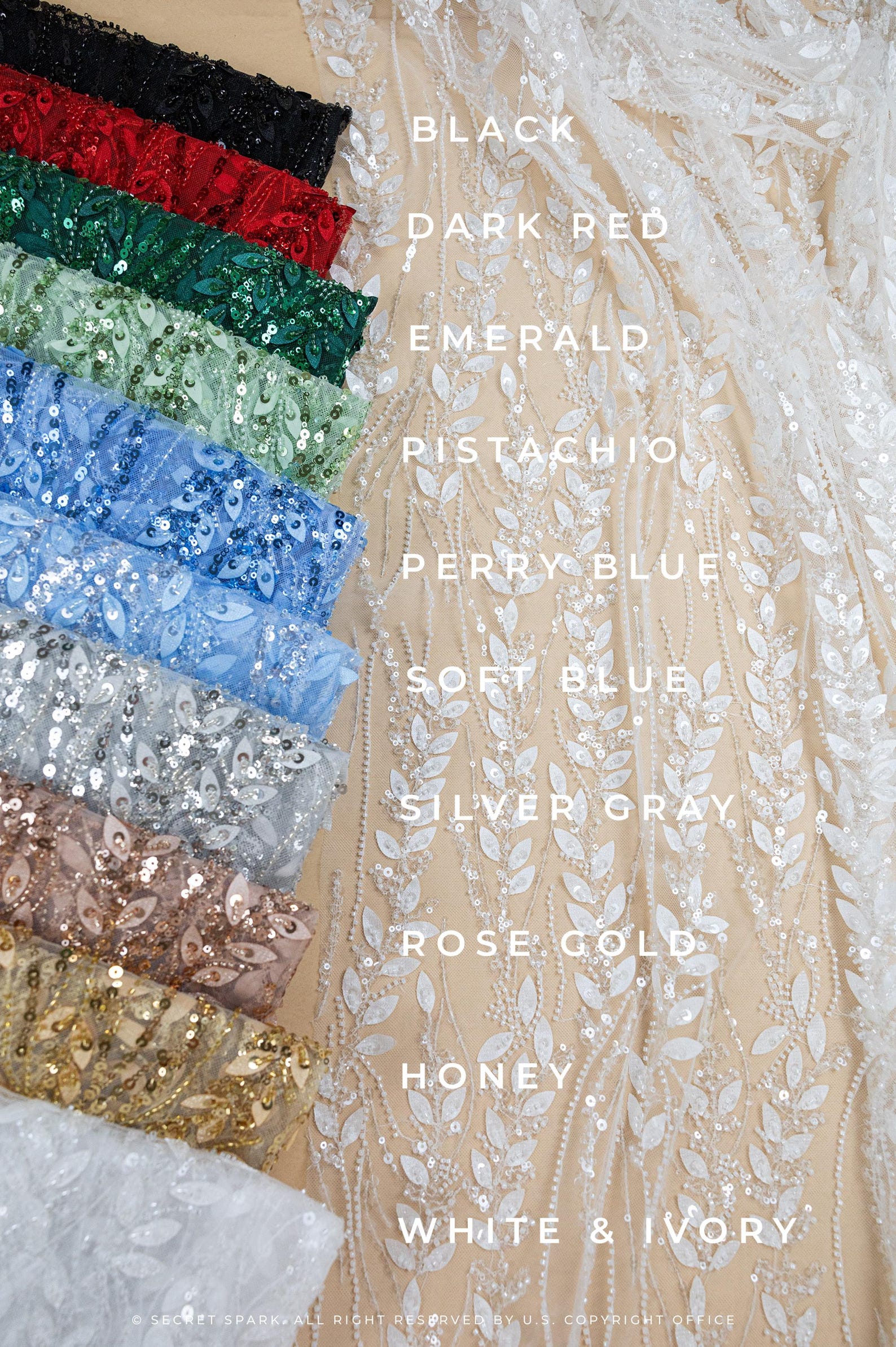 Rose Gold Leaf Lace Fabric, 3D Leaves Embroidery With Sequins on Mesh ...