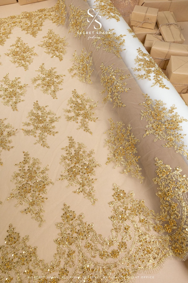 Gold Floral Lace With Scalloped Edges, Beaded Corded Flowers on Mesh ...