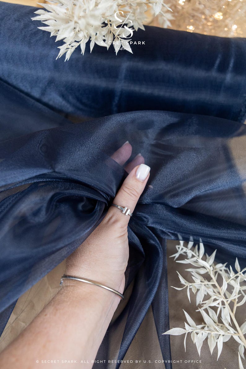 Navy Blue Crystal Sheer Organza Fabric by the Yard, See Through Shiny ...