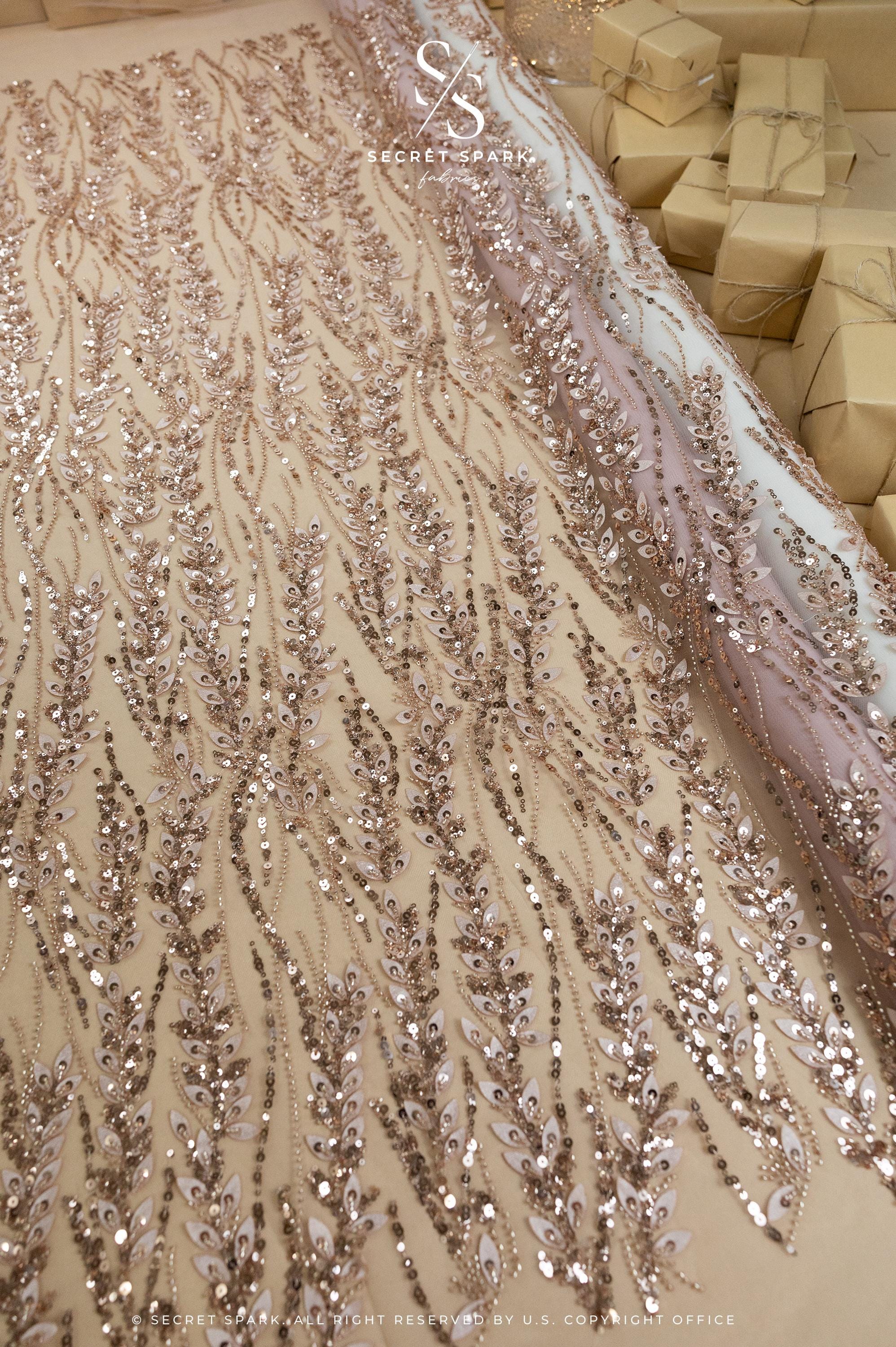 Rose Gold Leaf Lace Fabric, 3D Leaves Embroidery With Sequins on Mesh ...