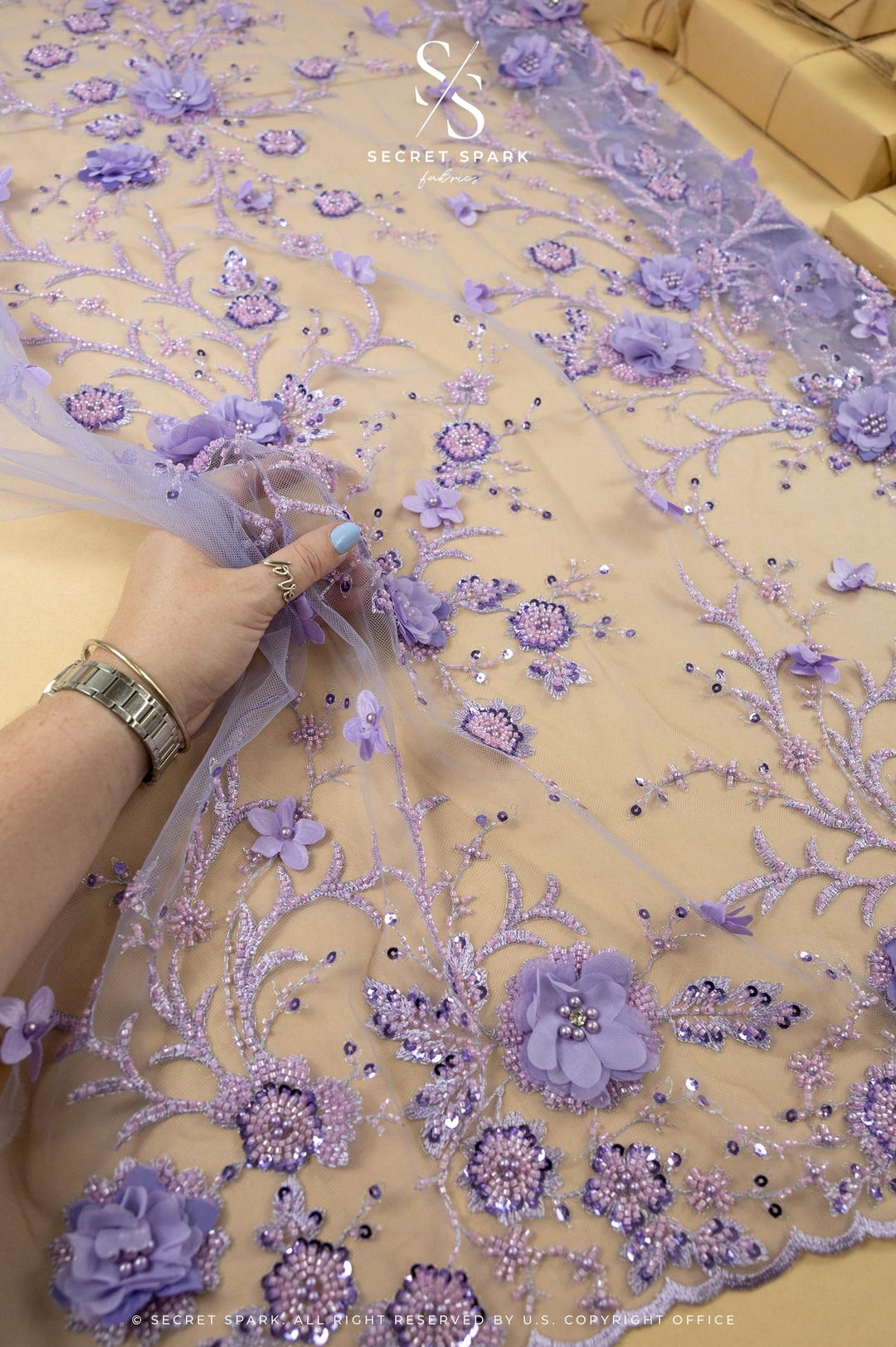 Purple Lavender 3D Flower Lace Fabric by the Yard, Embroidered Tulle ...