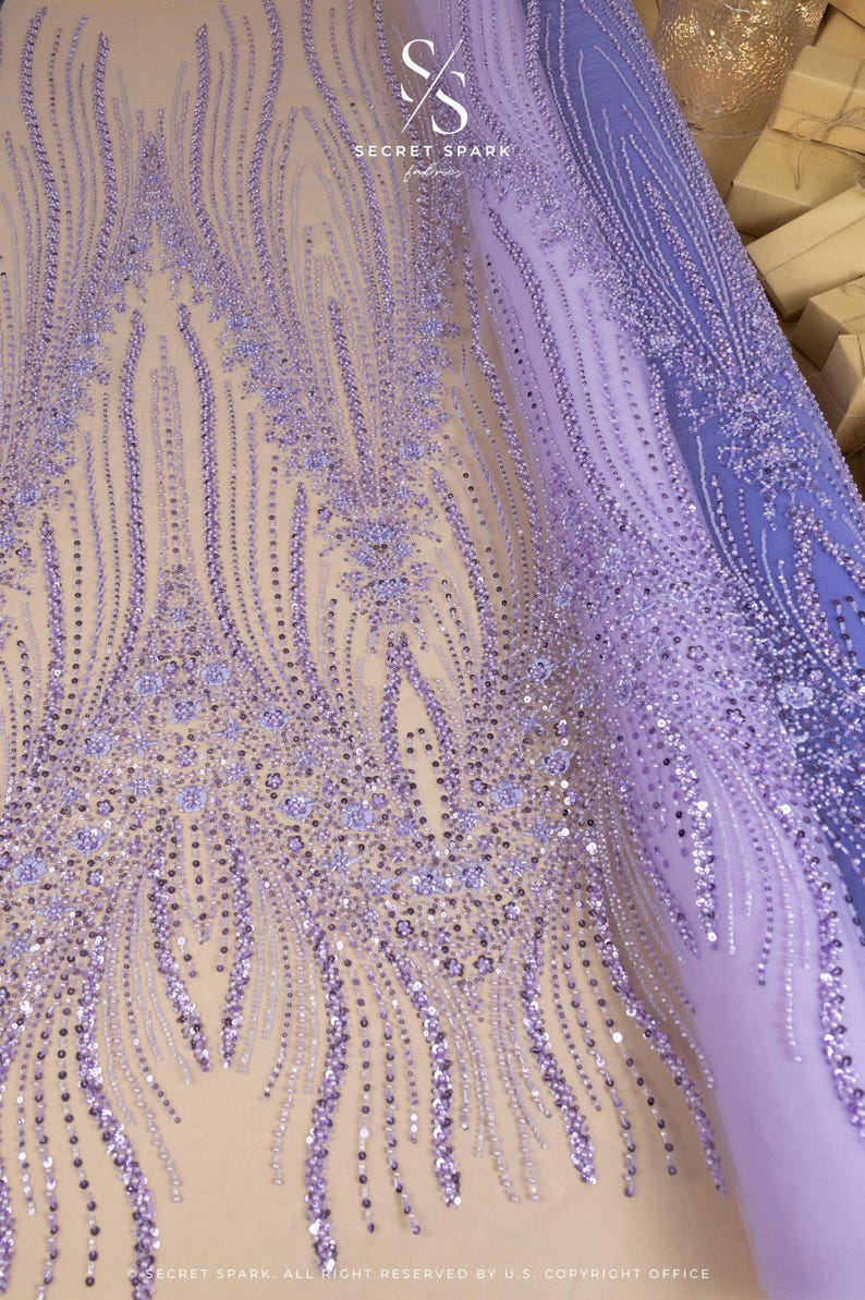 Purple Lavender Sequin Lace Fabric, Beaded Tulle for Gowns, Costumes ...