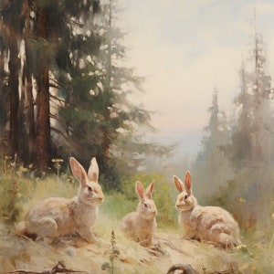 Printable Digital Art, Forest With Bunny's Oil Painting Wall Art - Etsy