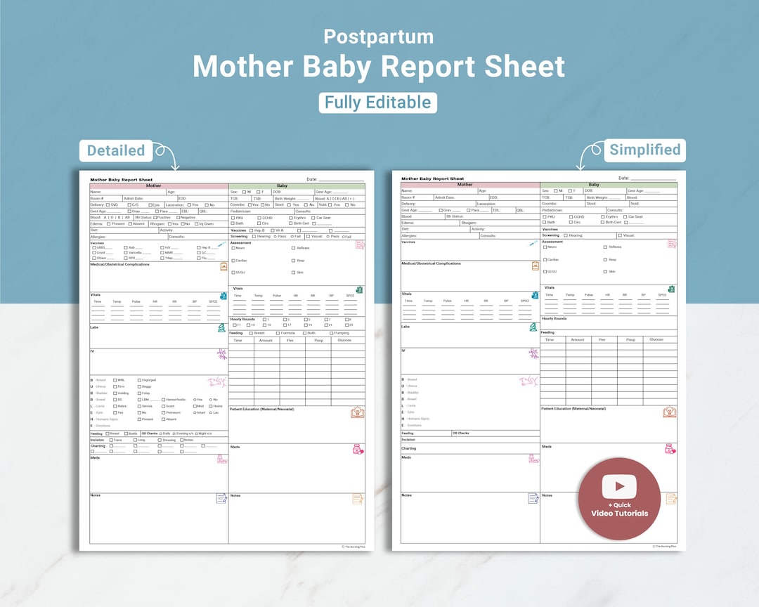 Editable Postpartum Nurse Report Sheet | Mother Baby Nursing Report ...