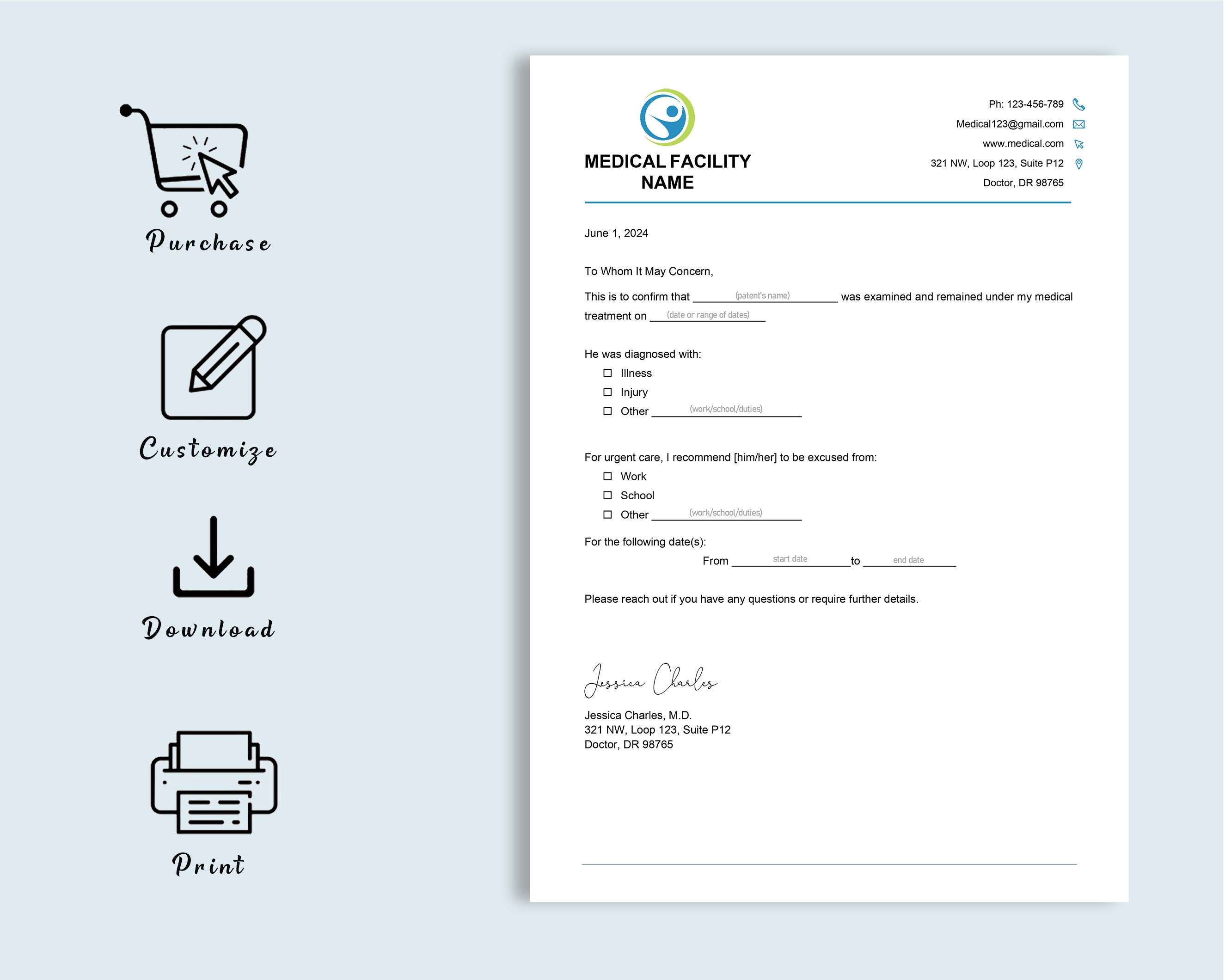 Urgent Care Dr Note With Signature, Doctor Excuse Note Template, Hospital Excuse Note for Work ...