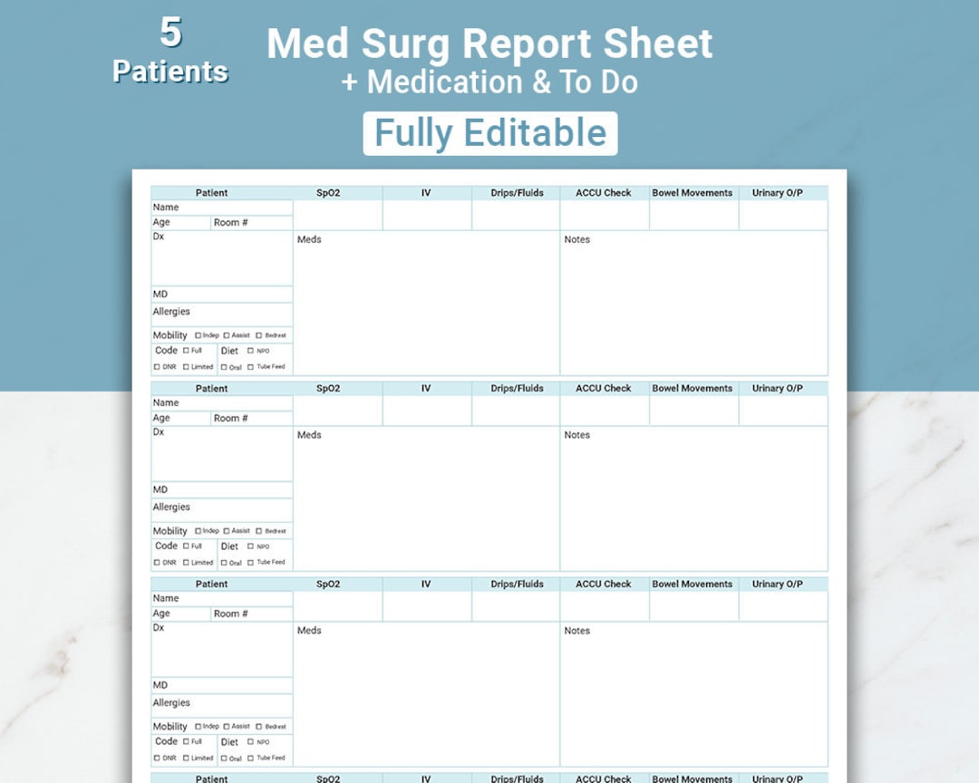 Editable Nurse Report Sheet 5 Patient Nursing Brain W/ Hourly Rounding ...