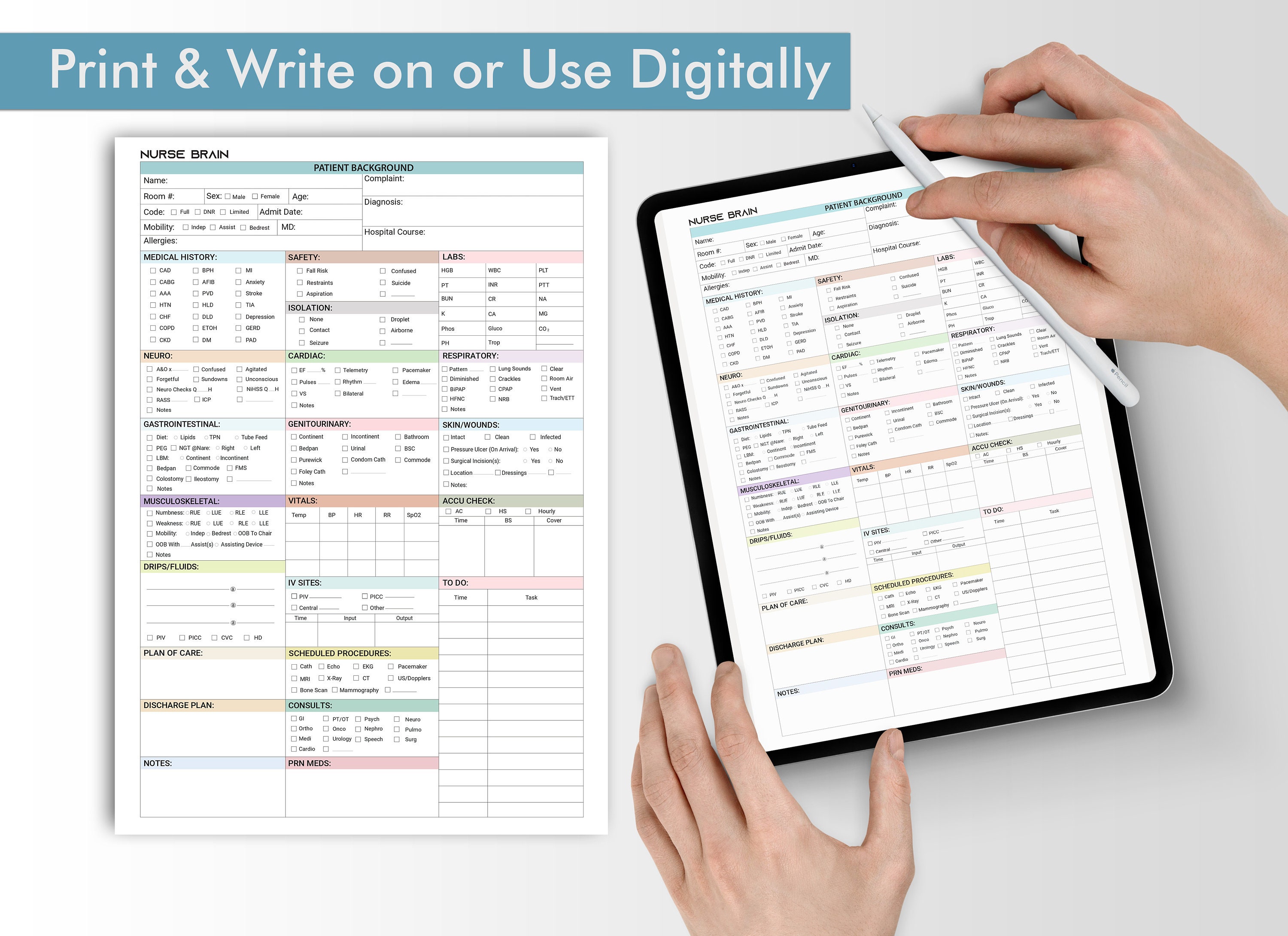 Editable Telemetry Nurse Brain Report Sheet Med Surg Nursing Report ICU ...