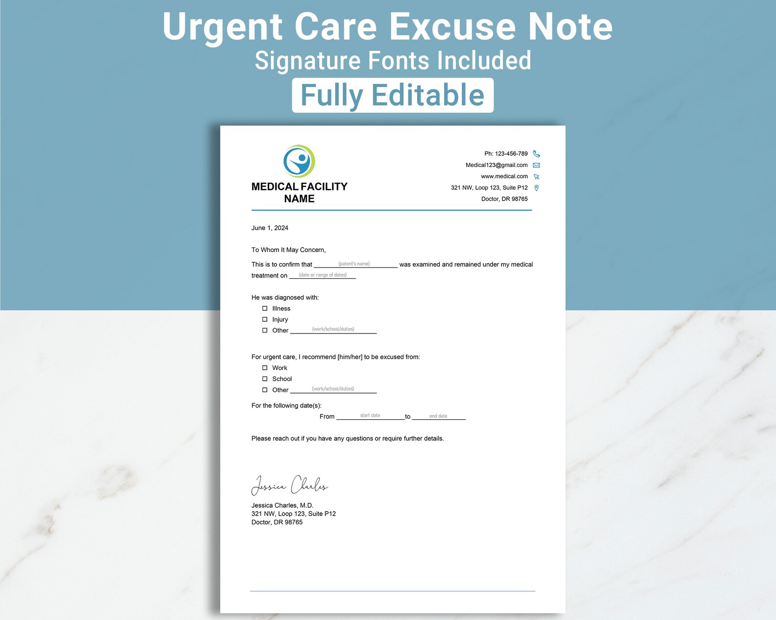 Urgent Care Dr Note With Signature, Doctor Excuse Note Template ...